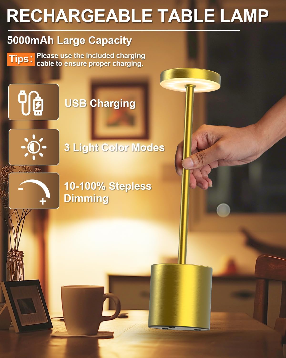 3 Colors Light Brightness Indoor Desk Light Touch Sensor Bedroom Night ...