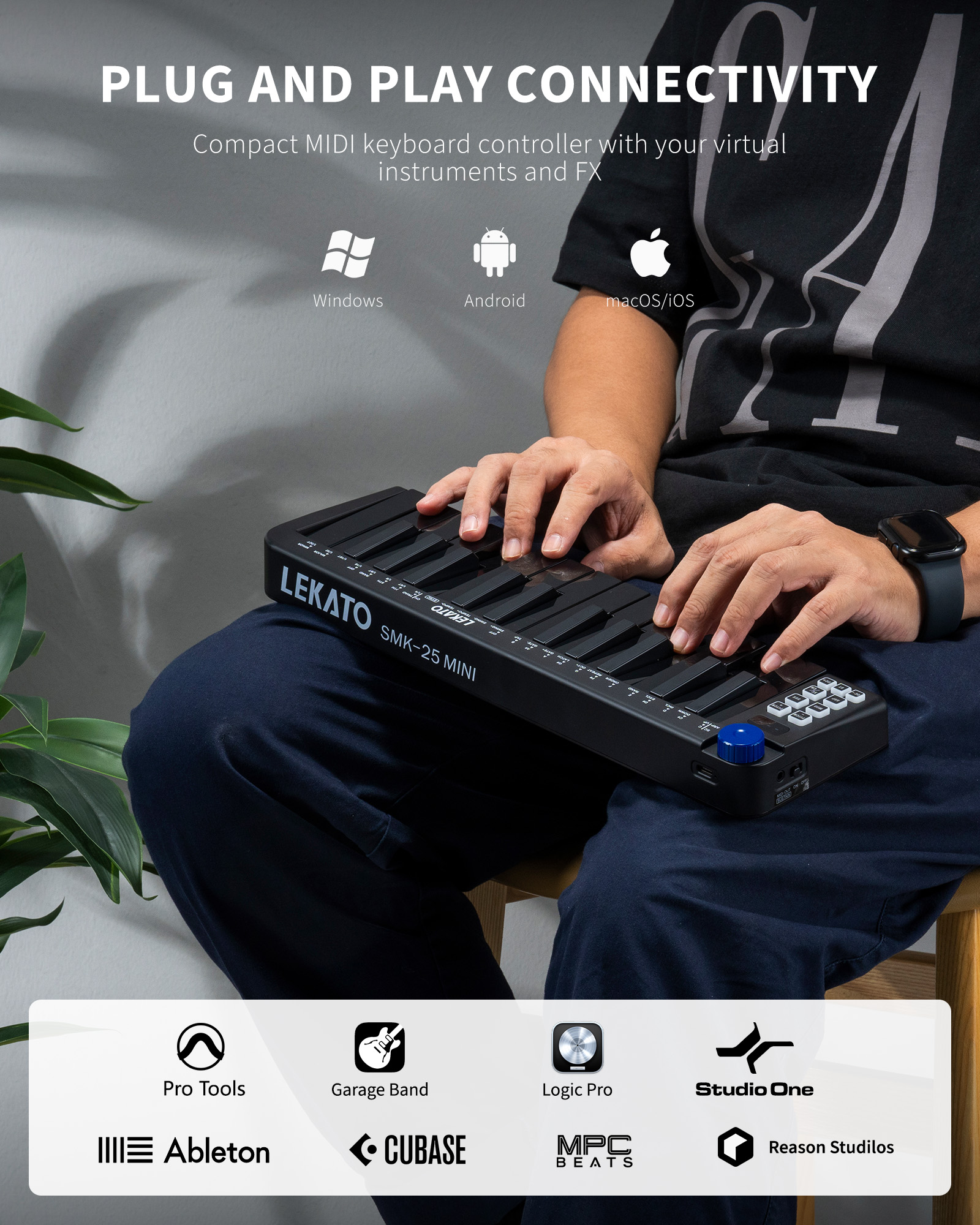 LEKATO Mini 25Keys MIDI Keyboard MIDI Controller Bluetooth Keyboard with Velocity-Sensitive 360 ...