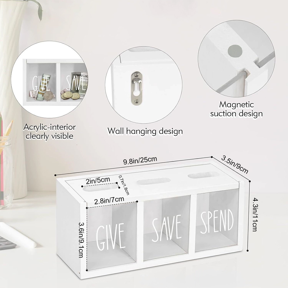 3-Grids Wooden Piggy Bank Acrylic Cash Box Wall Mounted Rectangular ...