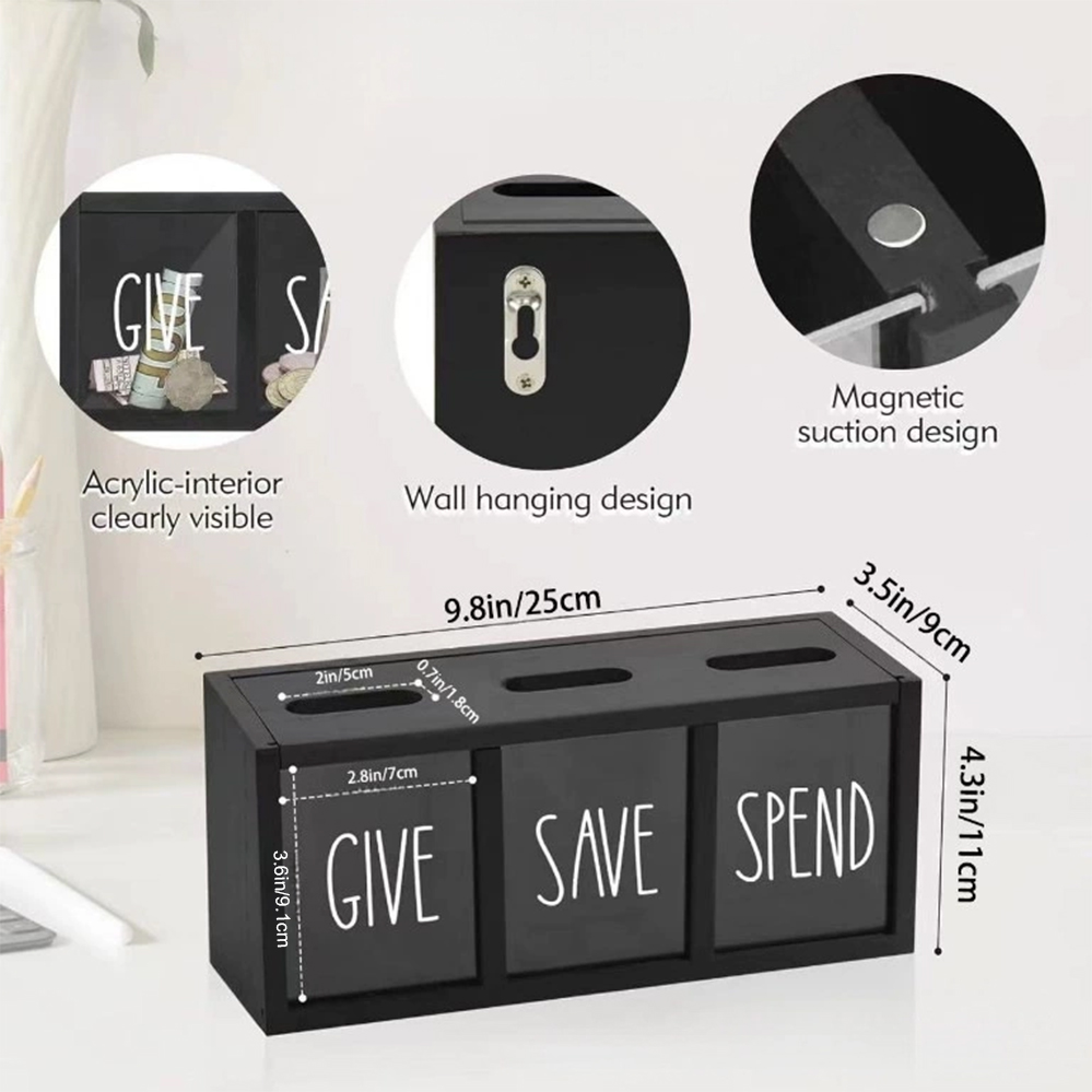 3-Grids Wooden Piggy Bank Acrylic Cash Box Wall Mounted Rectangular ...