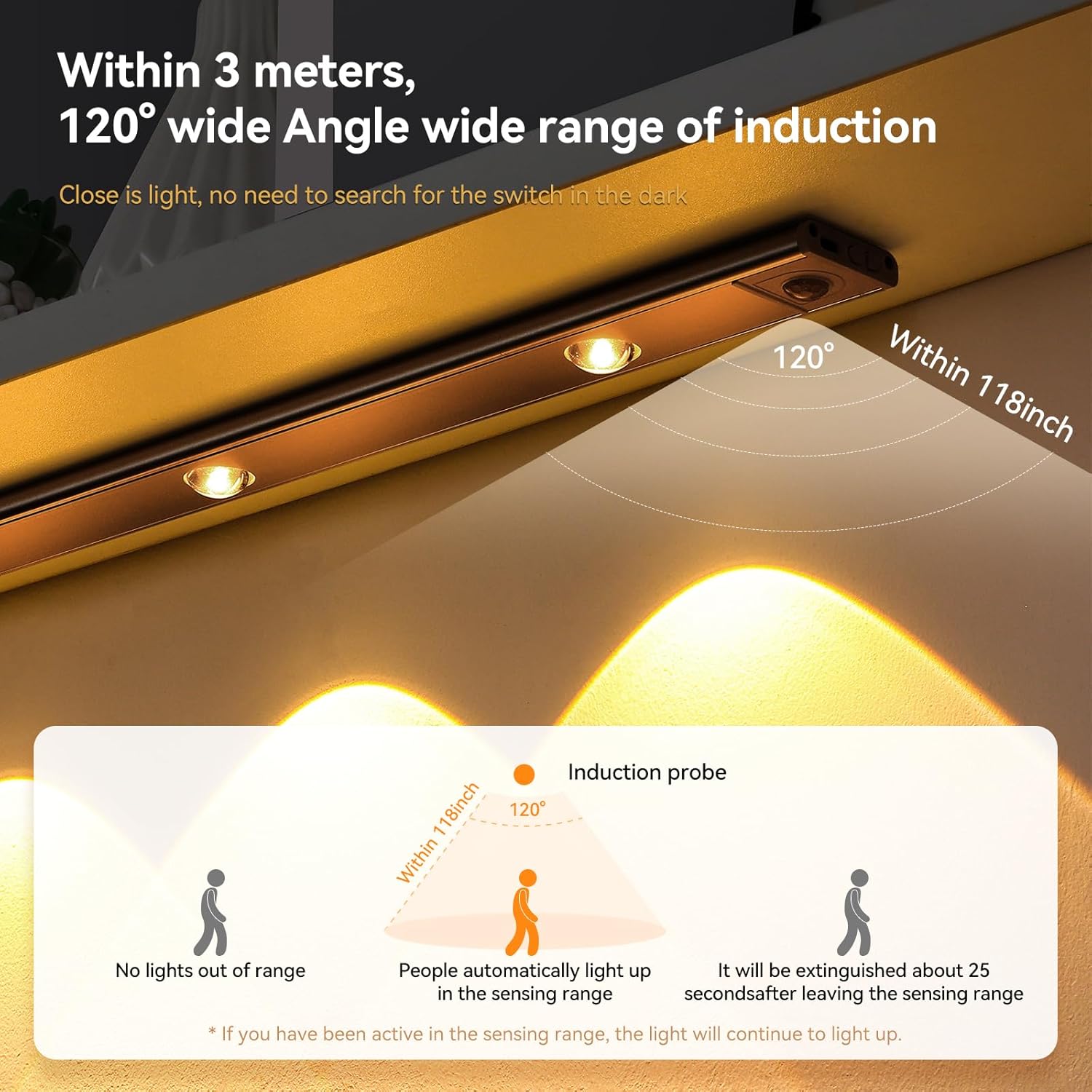 60CM 3-Color Motion Sensor Led Light For Kitchen Room Closet ...