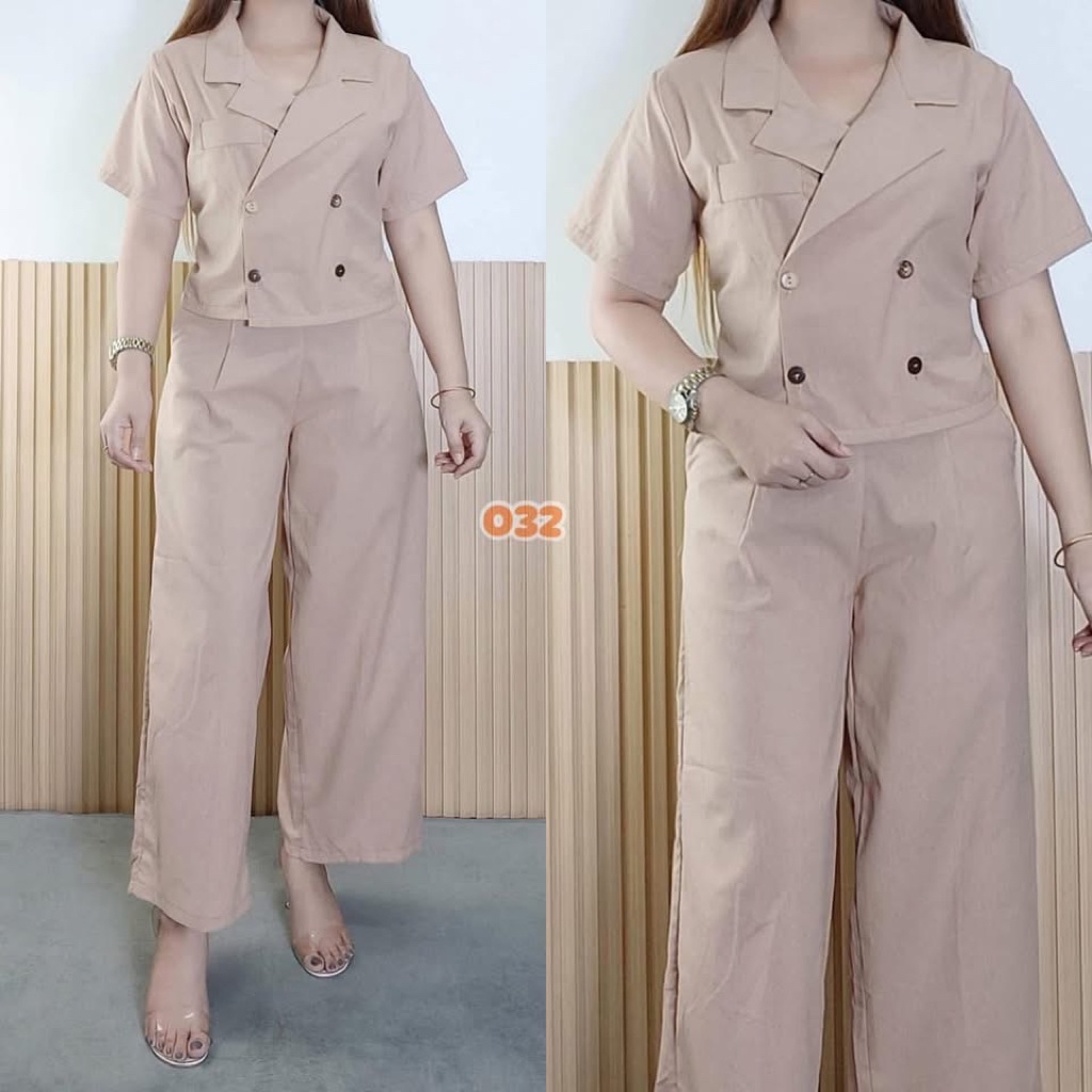 Maura Linen Coords Double Breasted Blouse & Wide Leg Pants Terno Casual ...