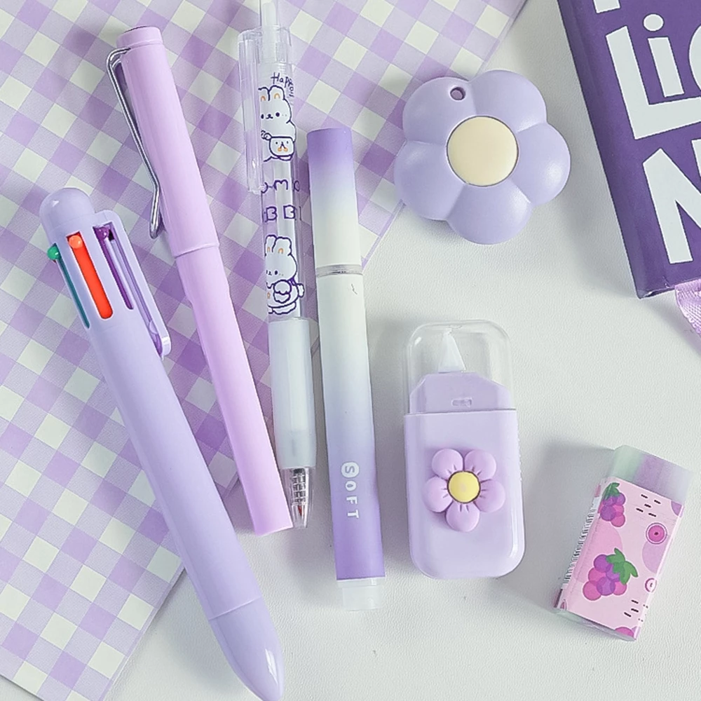 7Pcs/Set Stationery Ballpen Pencil Eraser Highlighter Knife Correction ...