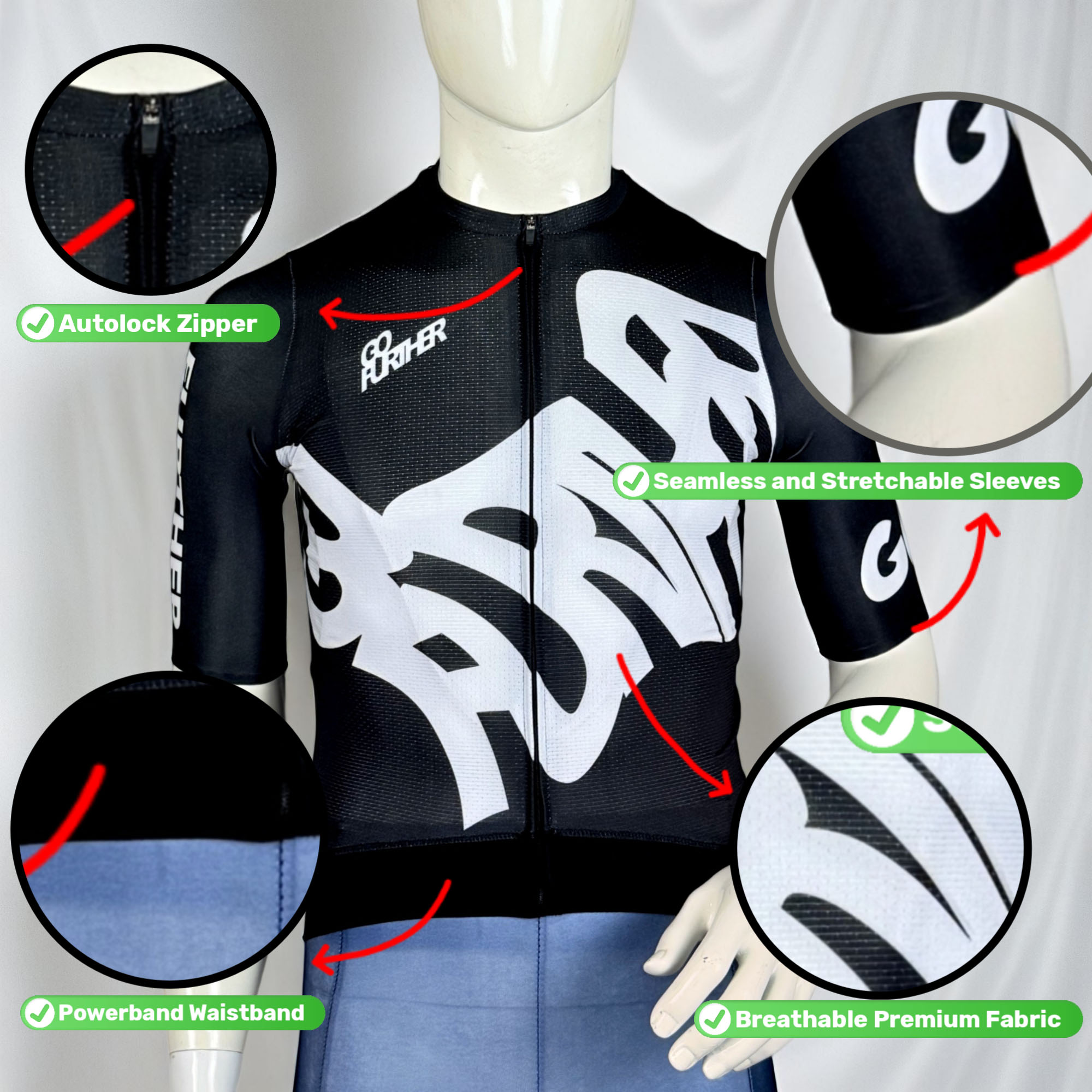 Distorted Black/White GOFU Race-Fit Cycling Jersey Full Powerband Waist ...