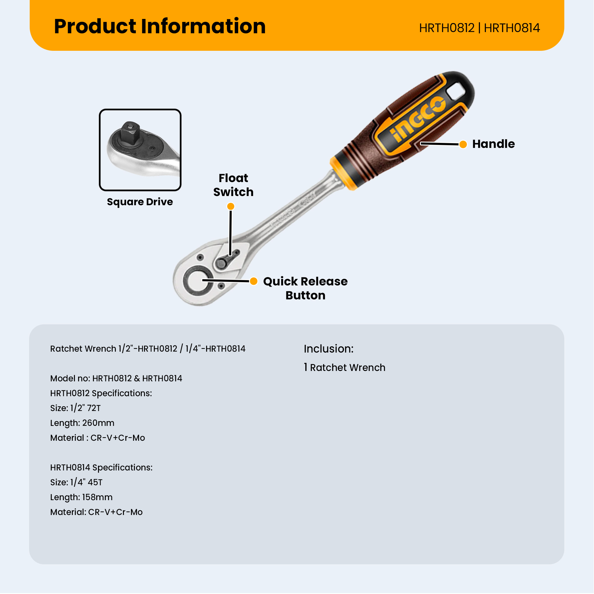 Ingco Industrial Ratchet Wrench CR-V + Cr-Mo Material 1/2" HRTH0812 | 1 ...