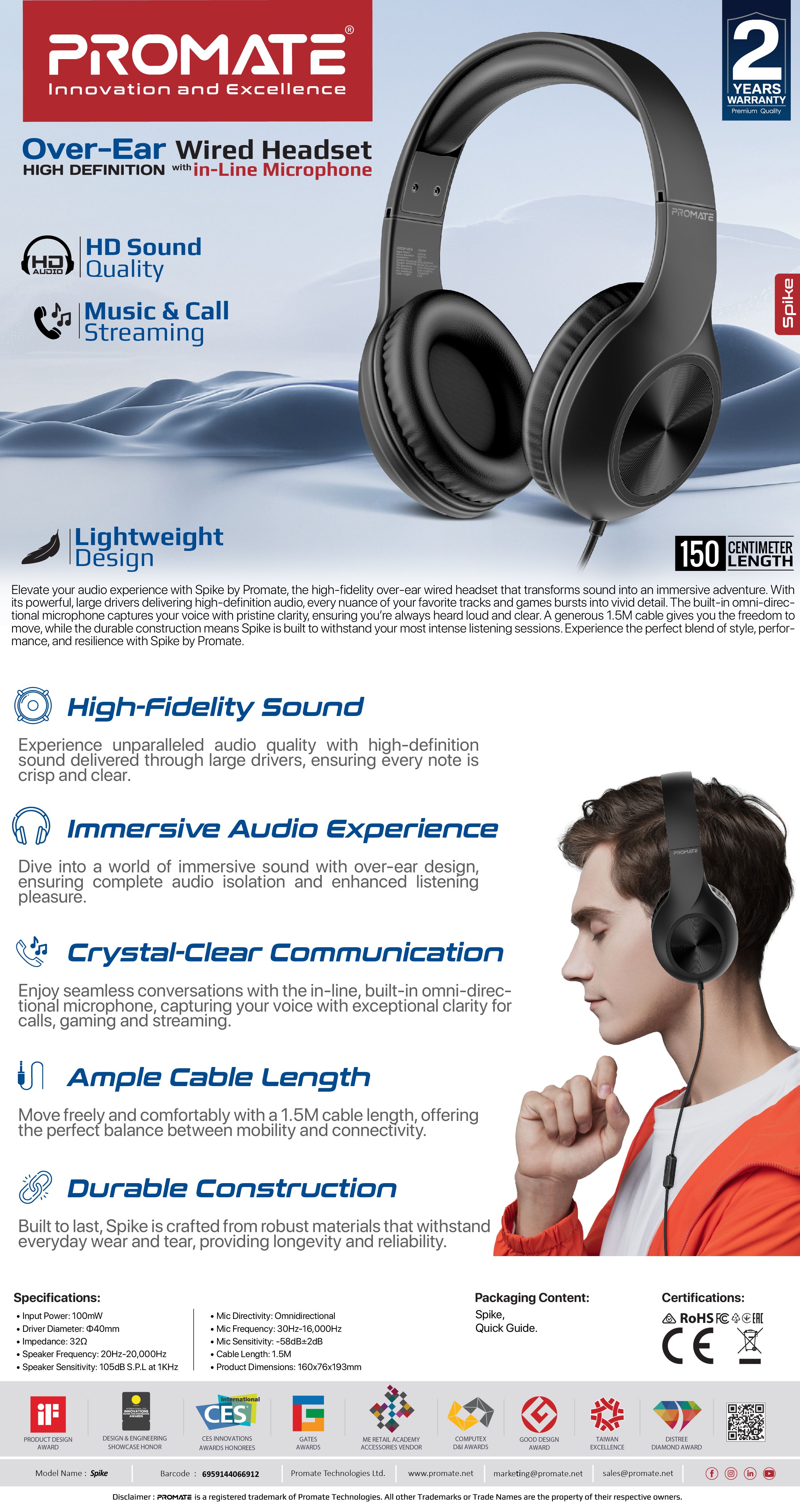 Promate Spike Over-Ear High Definition Wired Headset with In-Line ...