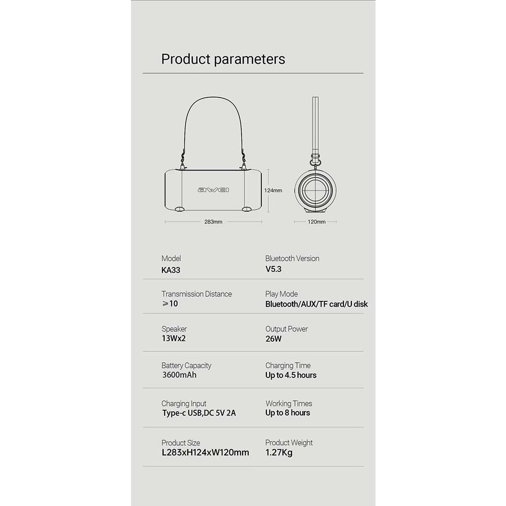 Awei KA33 Outdoor Bluetooth Speaker 26W IPX5 Waterproof Extra Bass ...