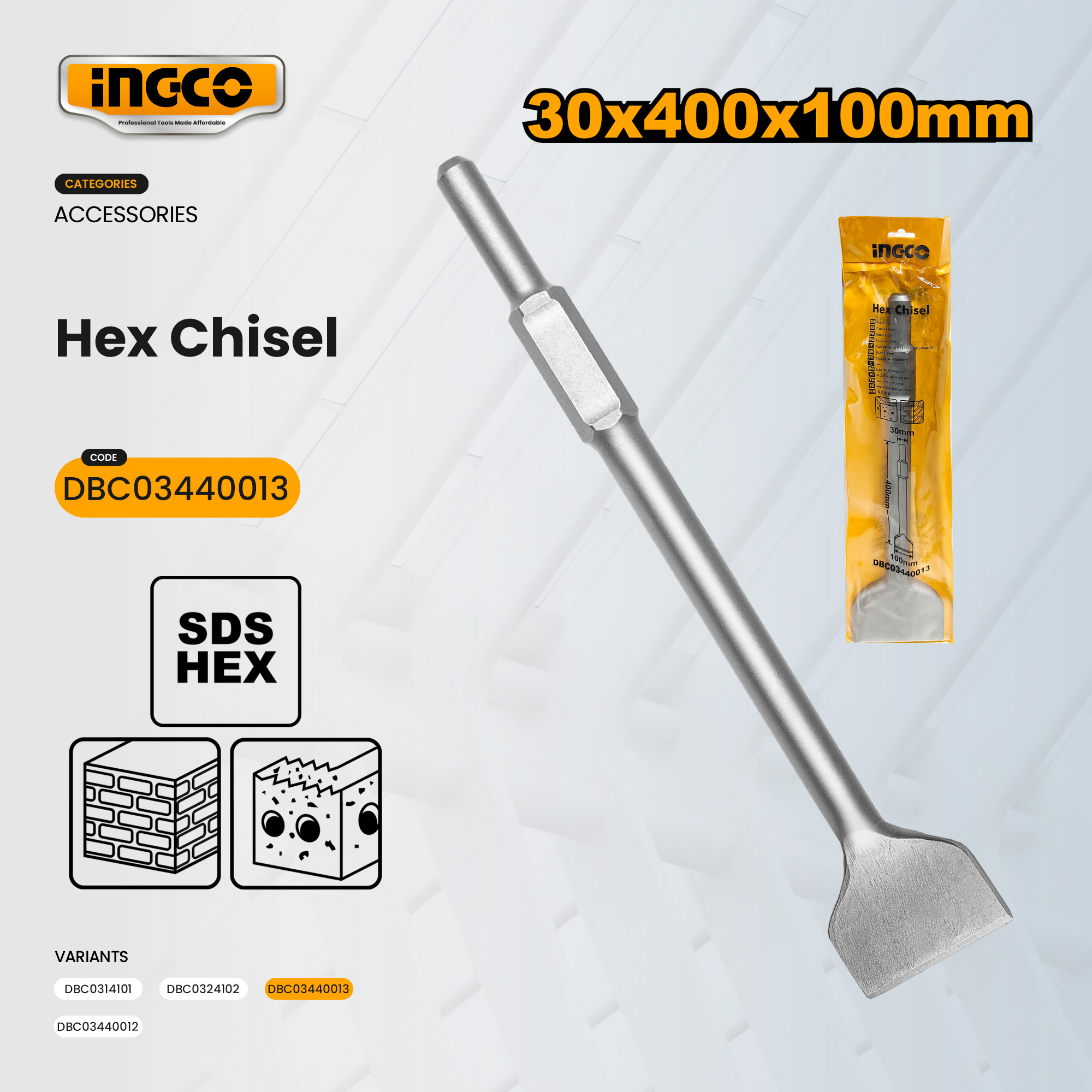 Ingco Sds Hex Chisel Concrete Breaker Demolition Chisel Sold Per Piece ...
