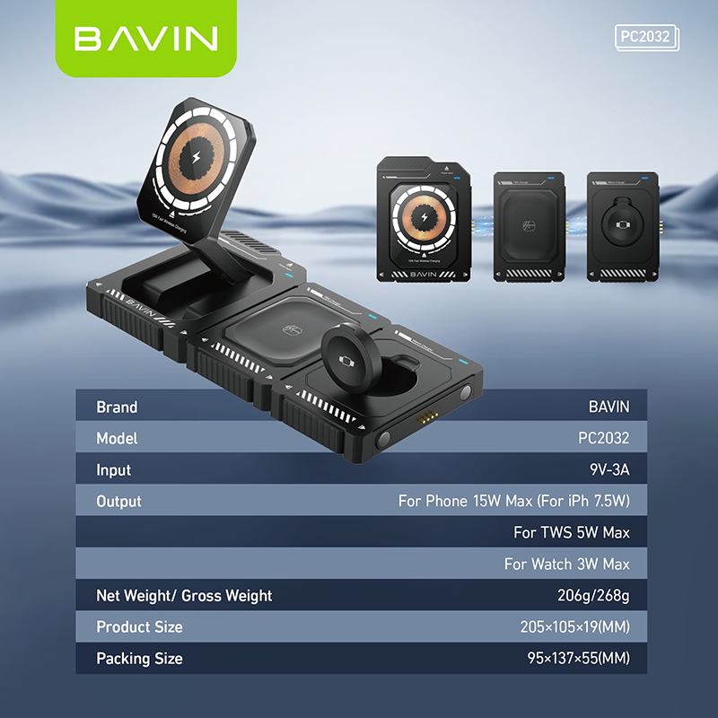 BAVIN PC2032 Removable 3in1 Wireless Magnetic Charger 15W Wireless Charging Station for iPh ...