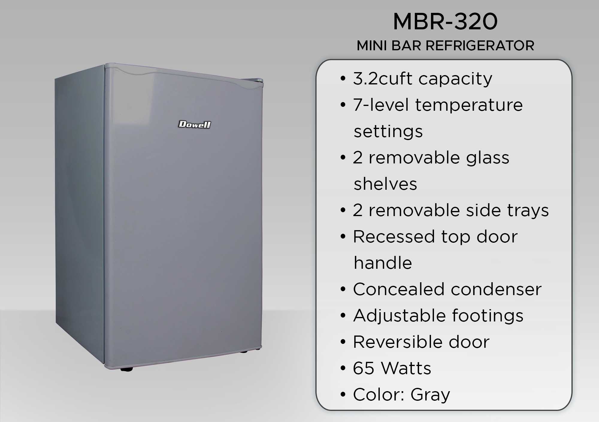 Dowell Mini Bar Refrigerator Reversible Door 3.2 Cu.ft. Capacity MBR ...