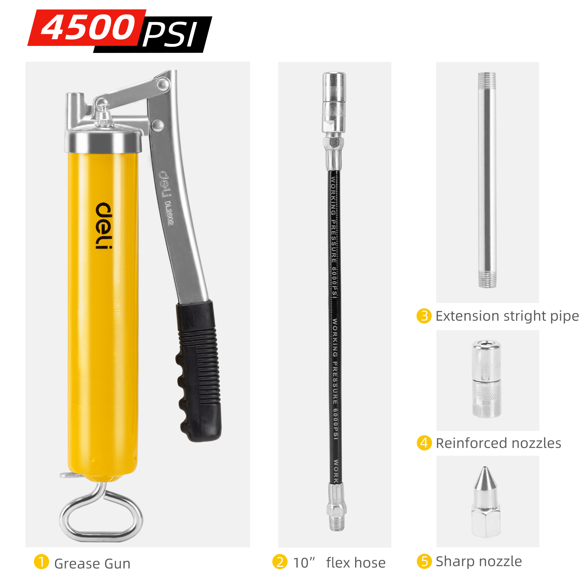 Deli Tools Grease Gun 4500PSI 400cc 3 Tubes Machinery Grease Pump ...