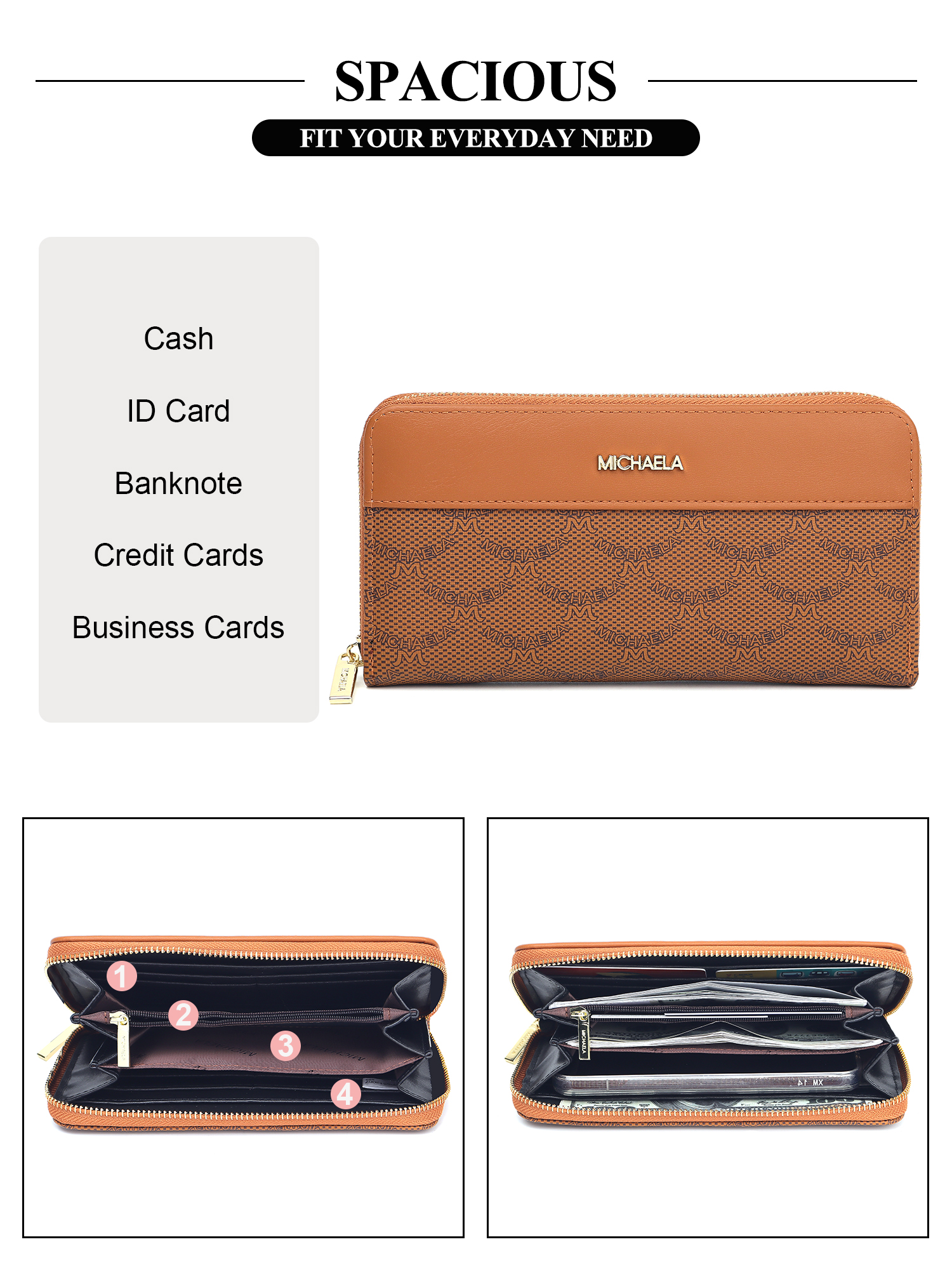 MICHAELA Retro Letter Long Wallet 8 Card Slots Fan Shaped Print ...