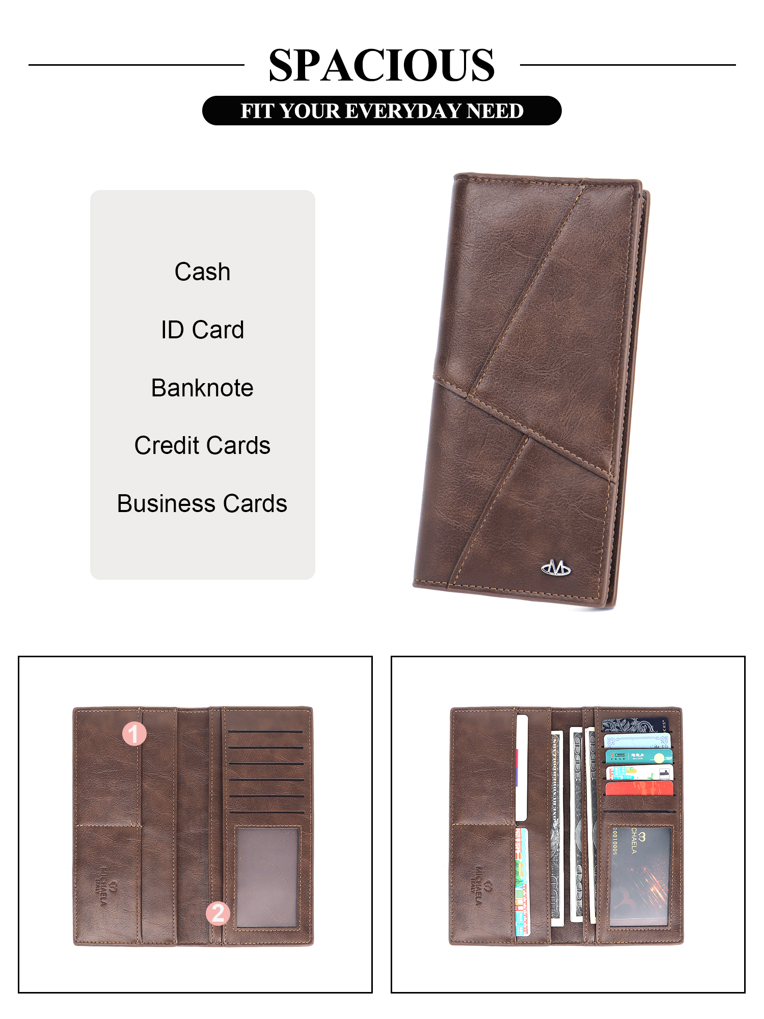 MICHAELA Geometric Fold Long Wallet 8 Card Slots 3 Cash Pocket for Men ...