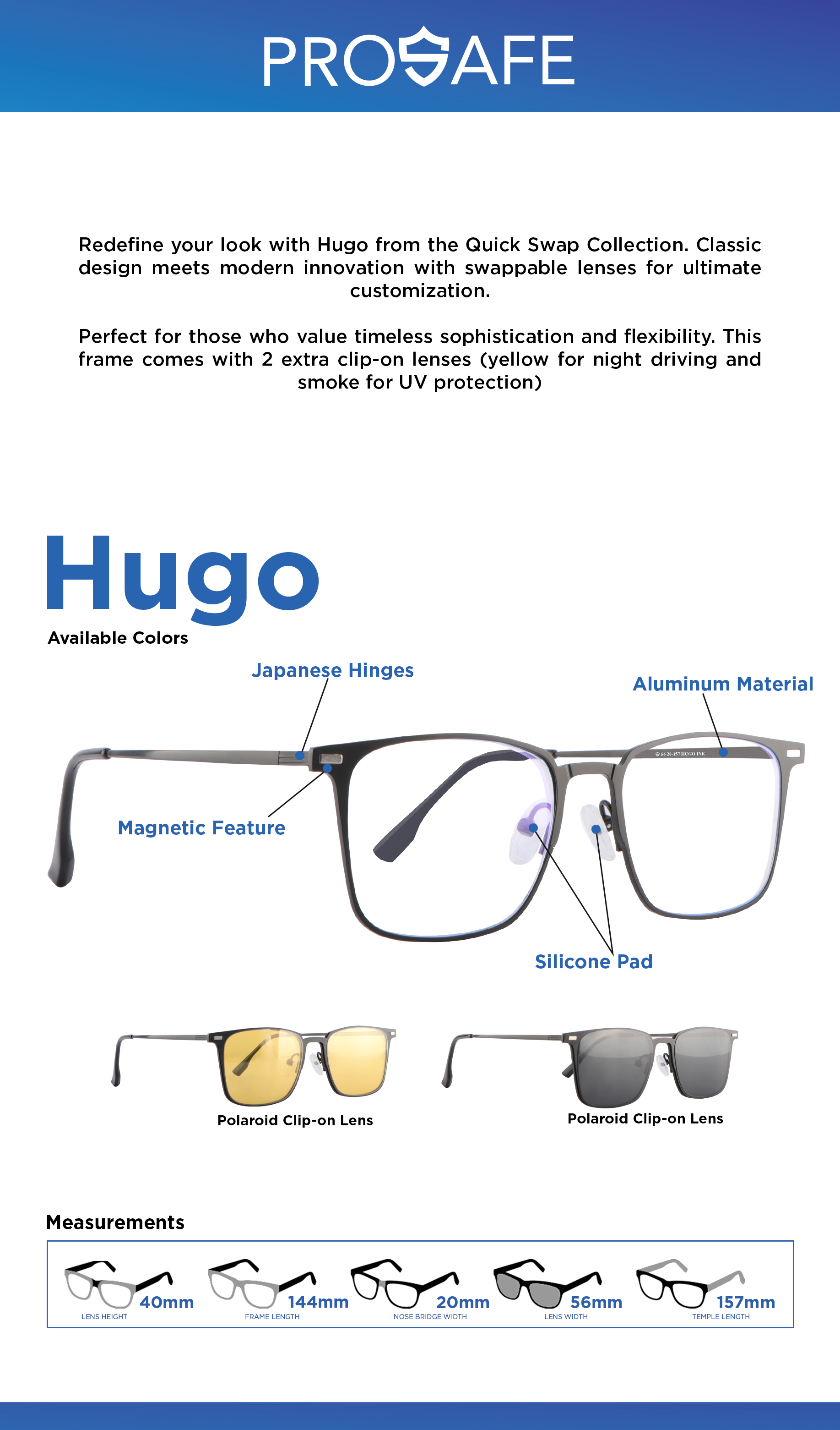 ProSafe Hugo (Clip-On Eyewear) with 2 Magnetic Lenses for Night Driving ...