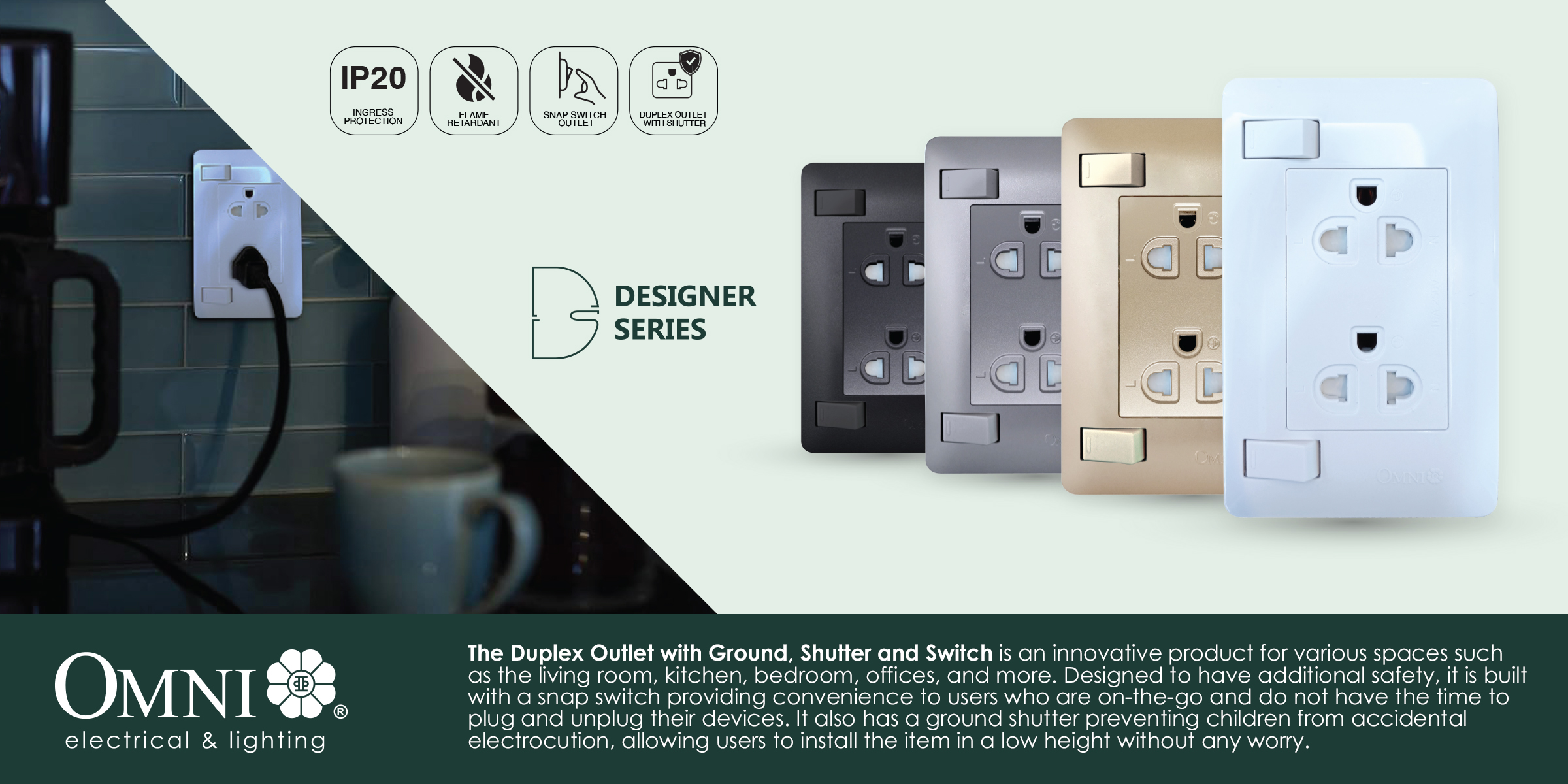 OMNI Duplex Outlet with Ground, Shutter and Switch (Designer Series ...