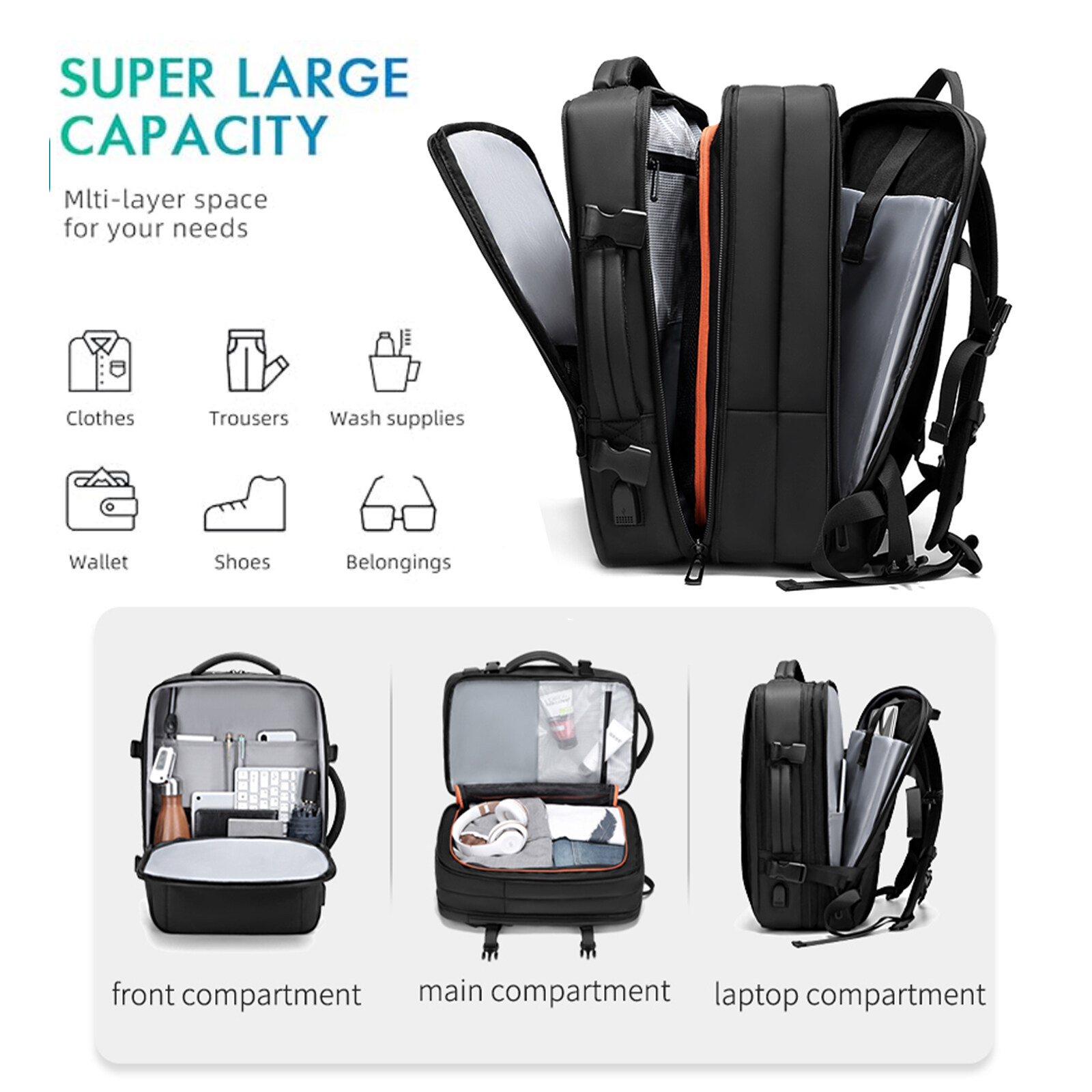 SeaChoice High Quality Black Expandable School Backpack Laptop Bag with ...