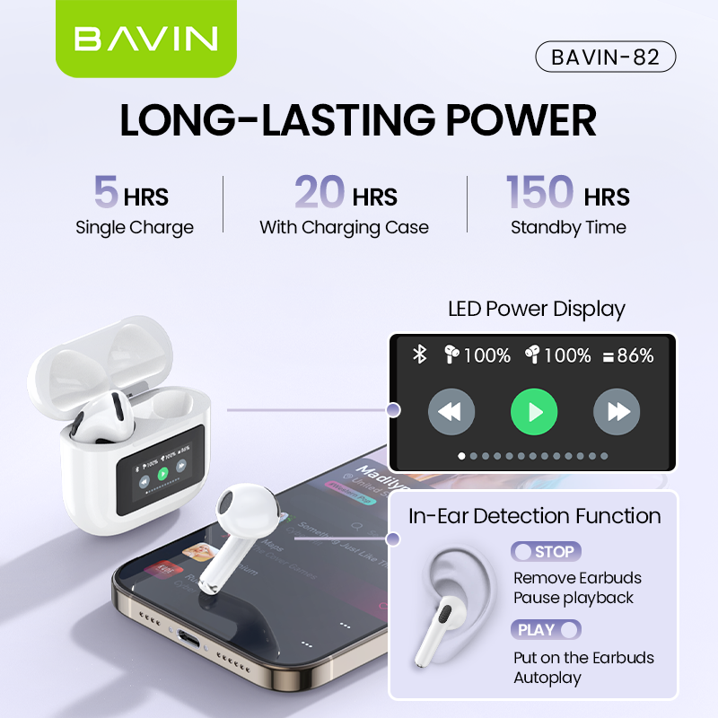 BAVIN BA82 Smart TWS Wireless Earphone w/ LCD Touch Screen HiFi Sound ...