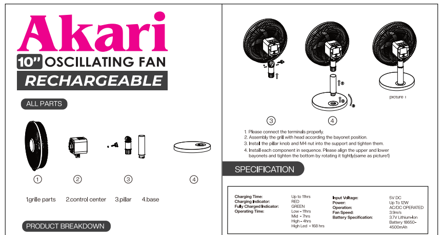 Akari 10 inch Rechargeable Oscillating Fan (ARF-66510) + FREE Akari ...