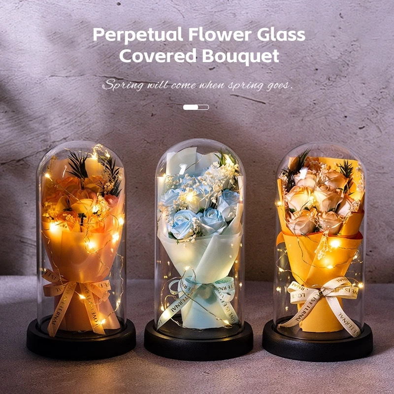 LED Light Rose in Glass Dome on Wooden Base Artificial Flower Lamp ...