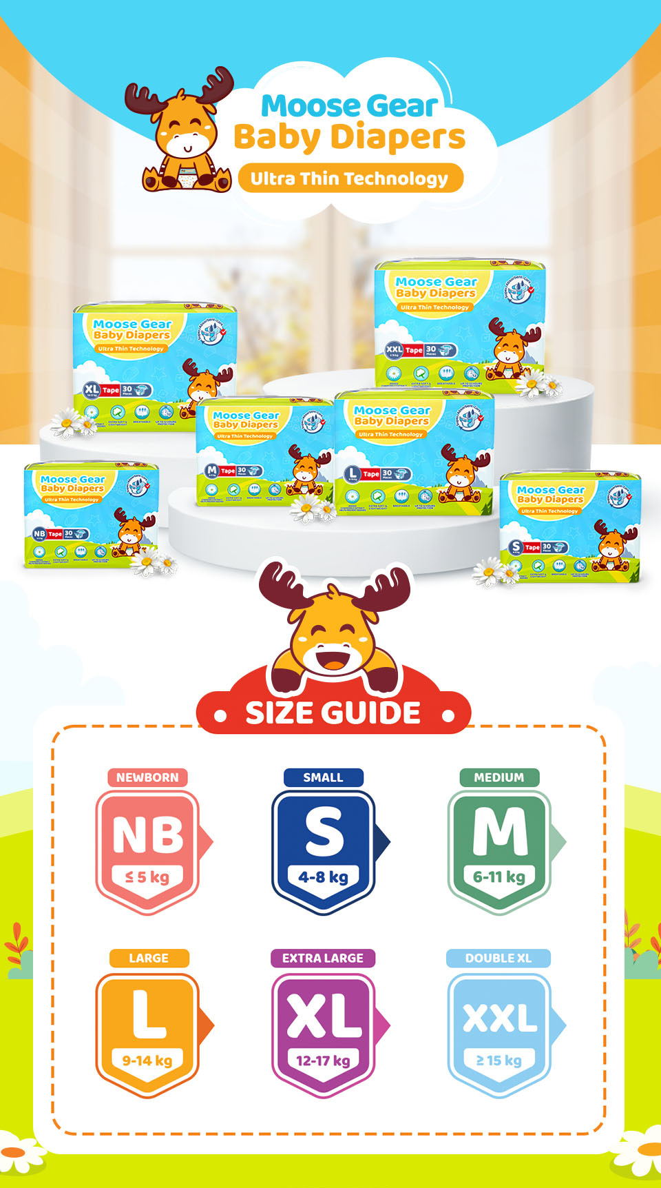 Moose Gear Baby Tape Diaper SMALL 120pcs (4PACKS) Super Absorbent No ...