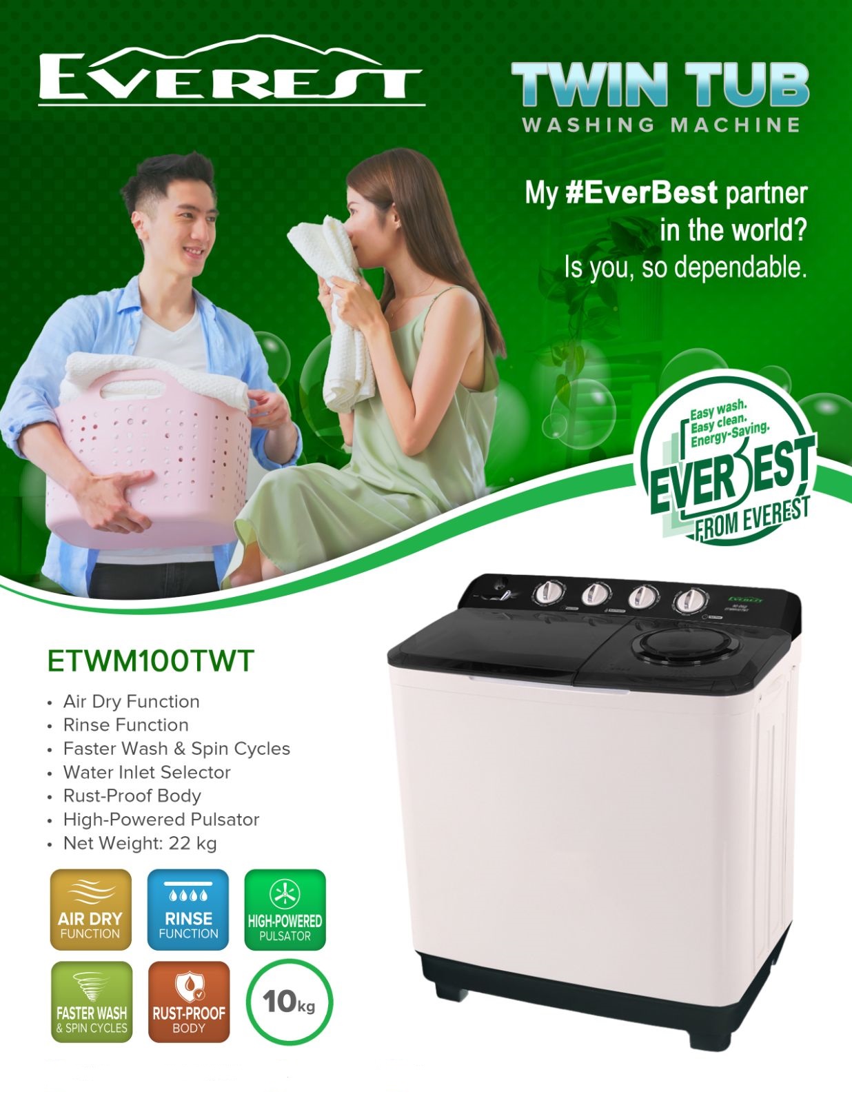 EVEREST Twin Tub Washing Machine/Non Inverter/Air Dry and Rinse ...