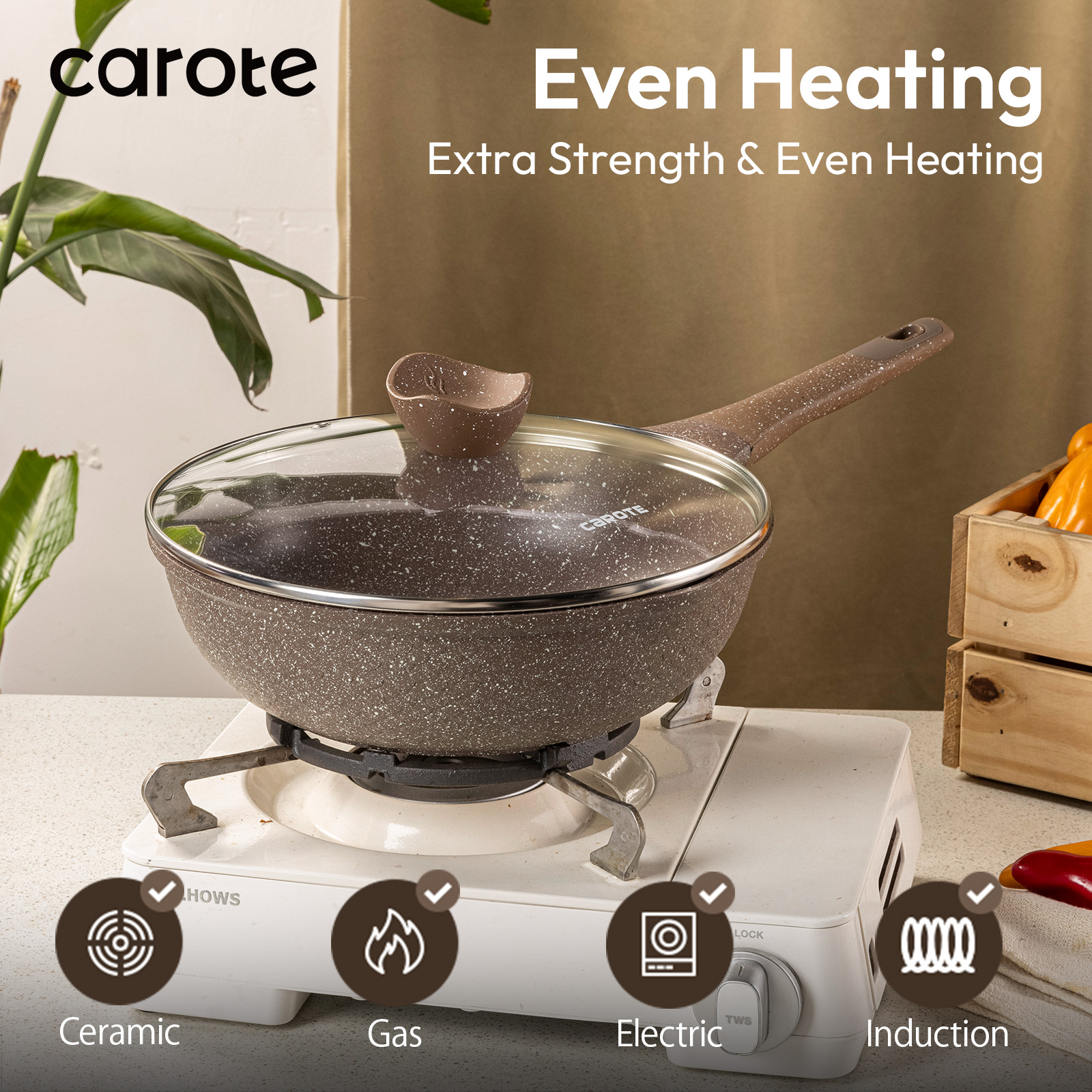 CAROTE Nonstick Cookware Set 7Pcs Die-Cast Brown NO PFOA Nonstick ...