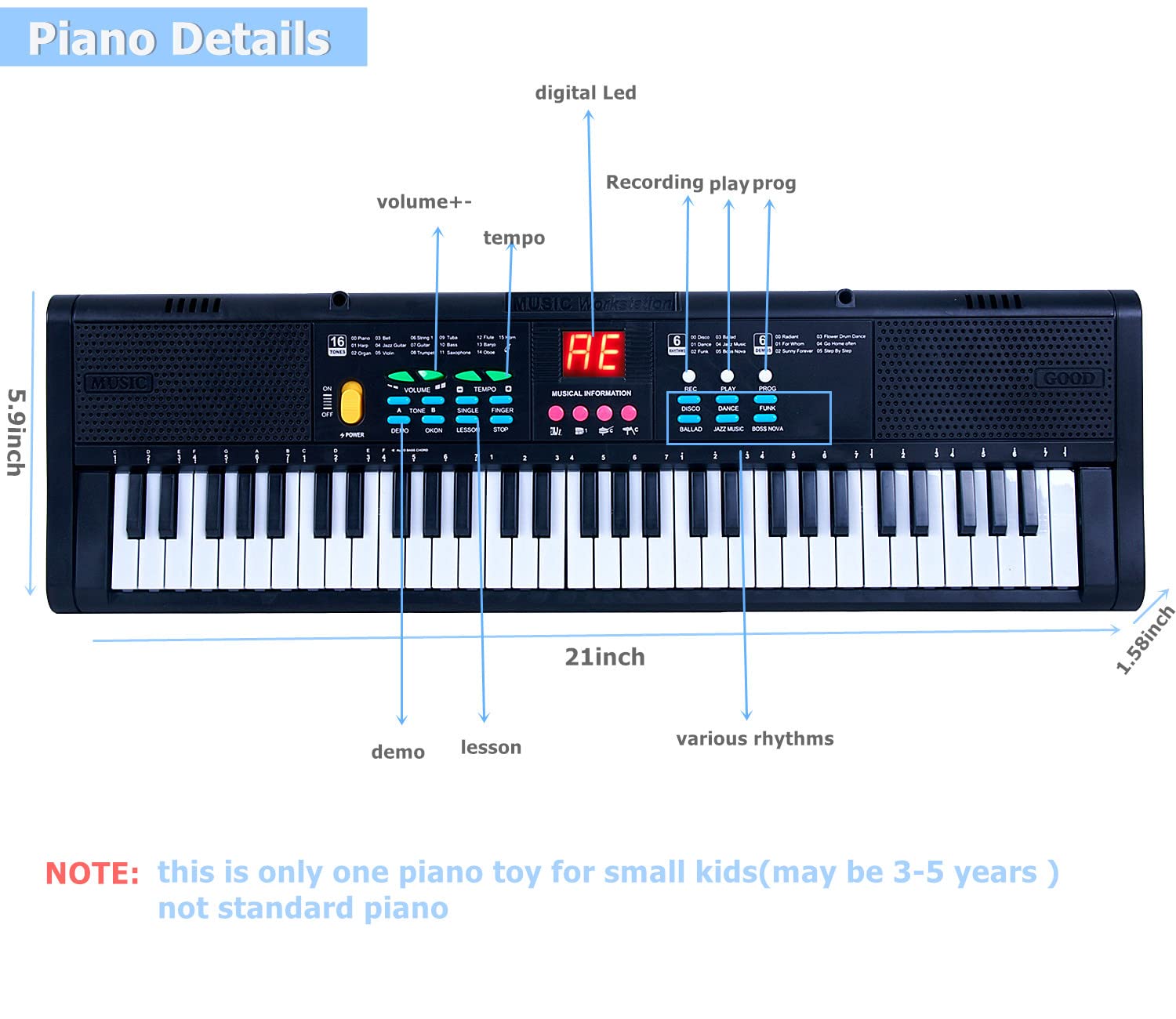 RIXTON 61 Keys Organ Piano Electronic Keyboard For Kids Boy / Toddlers ...