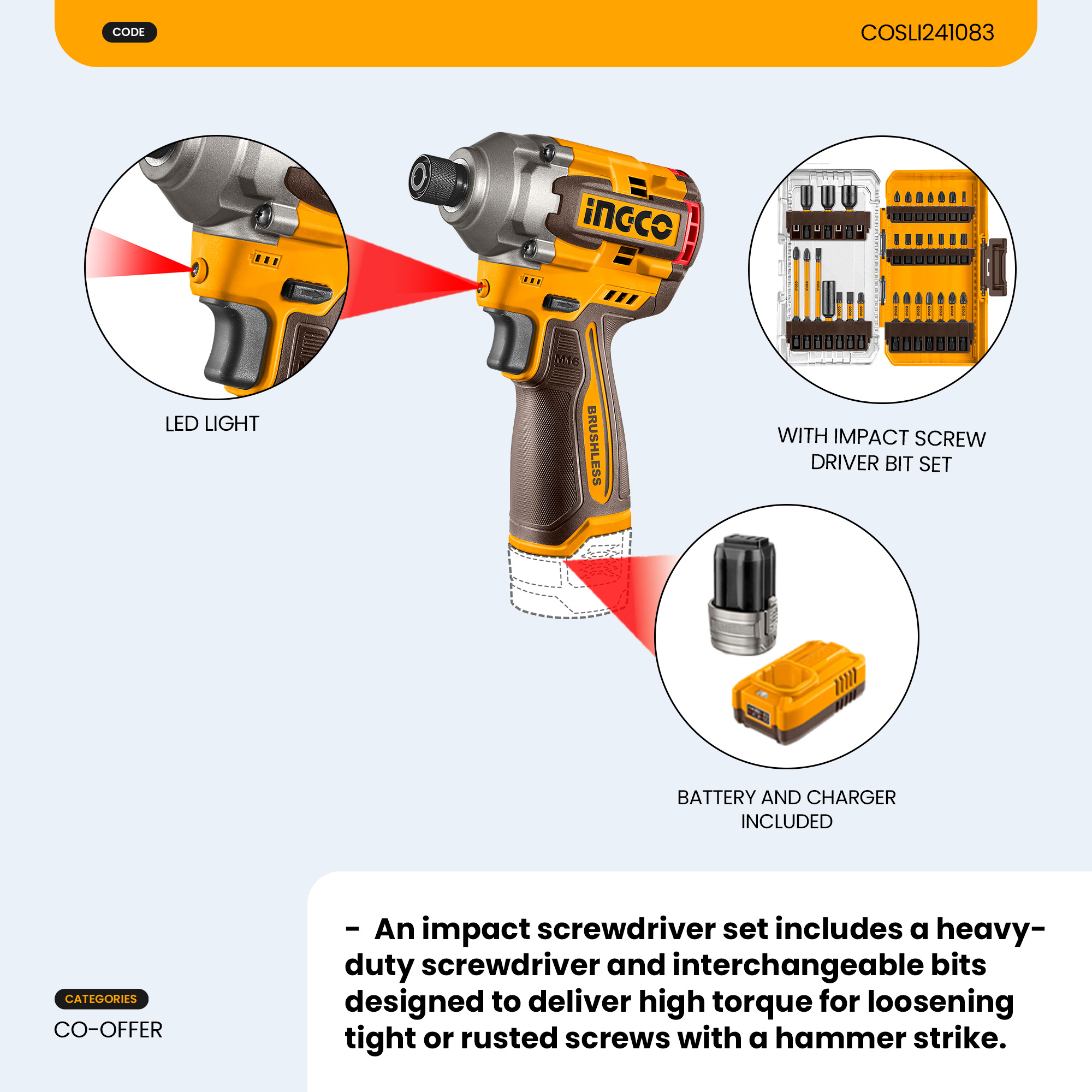 Ingco 170Nm 16V Compact Brushless Cordless Impact Driver Rechargeable ...