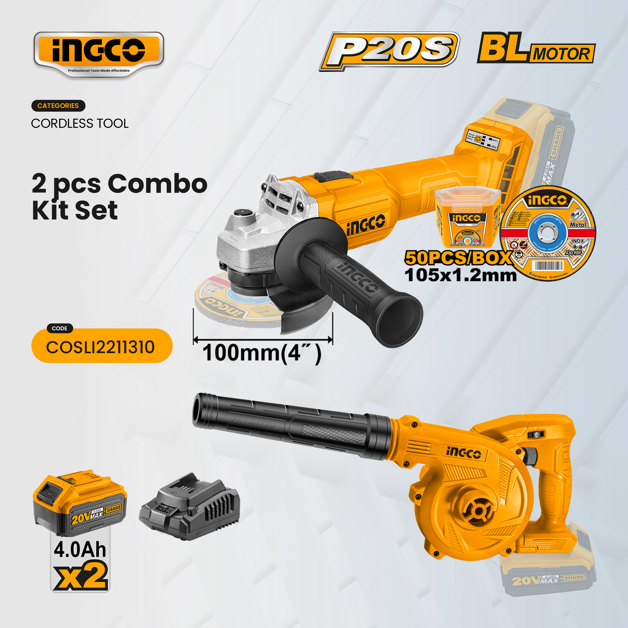 Ingco 2PCS Combo Kit Set Li-Ion Cordless Angle Grinder & Aspirator ...