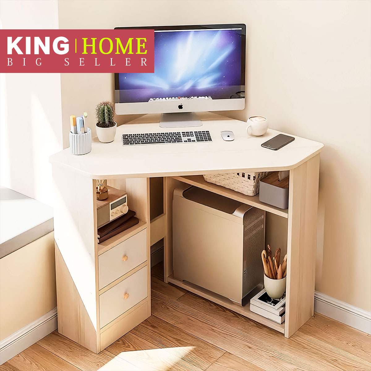 KING HOME Wooden desk, corner study desk, office desk, space saving ...
