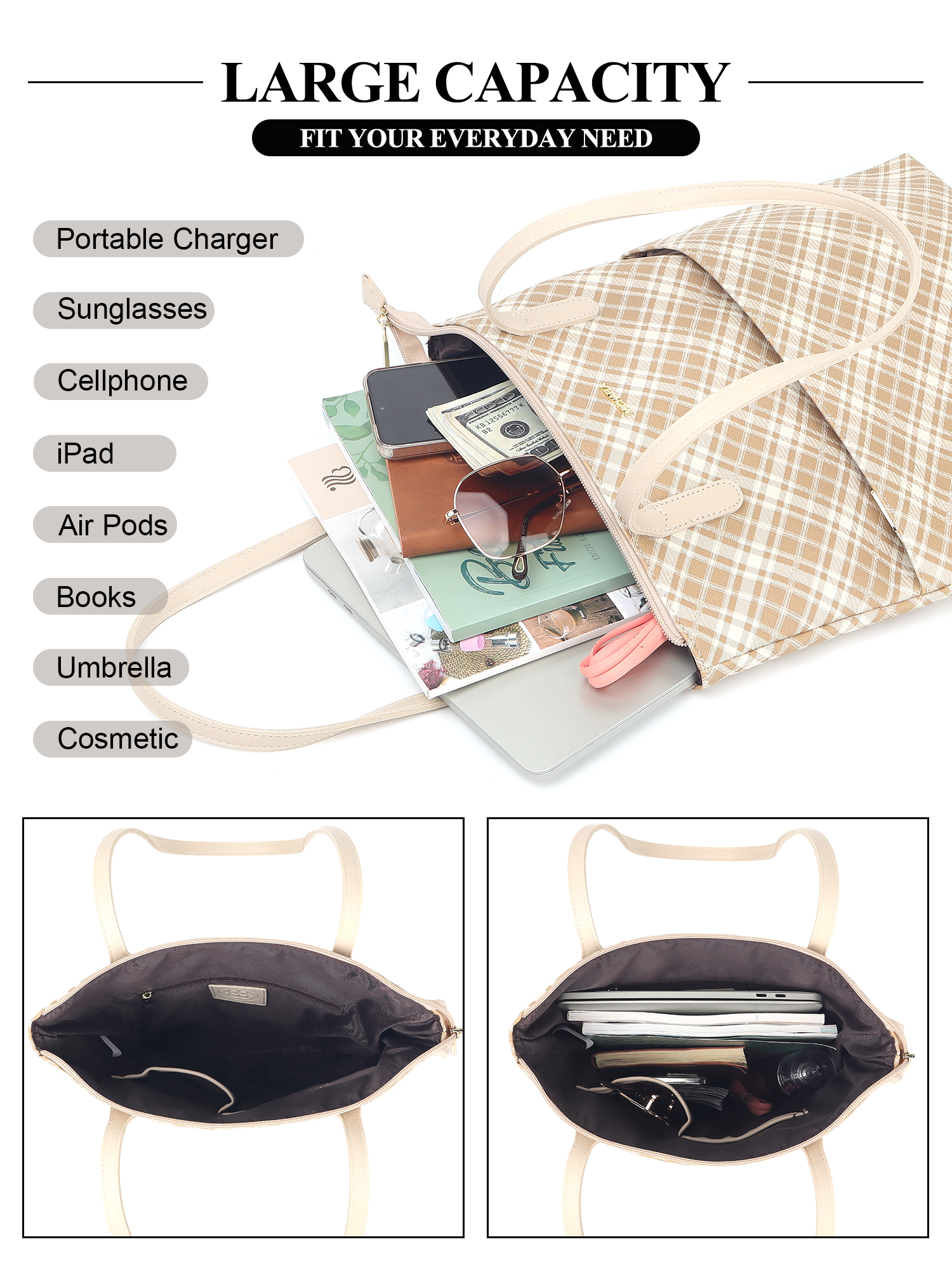 MICHAELA Two-Tone Checkered Tote Bag Spacious Elegant Carryall Bag for ...
