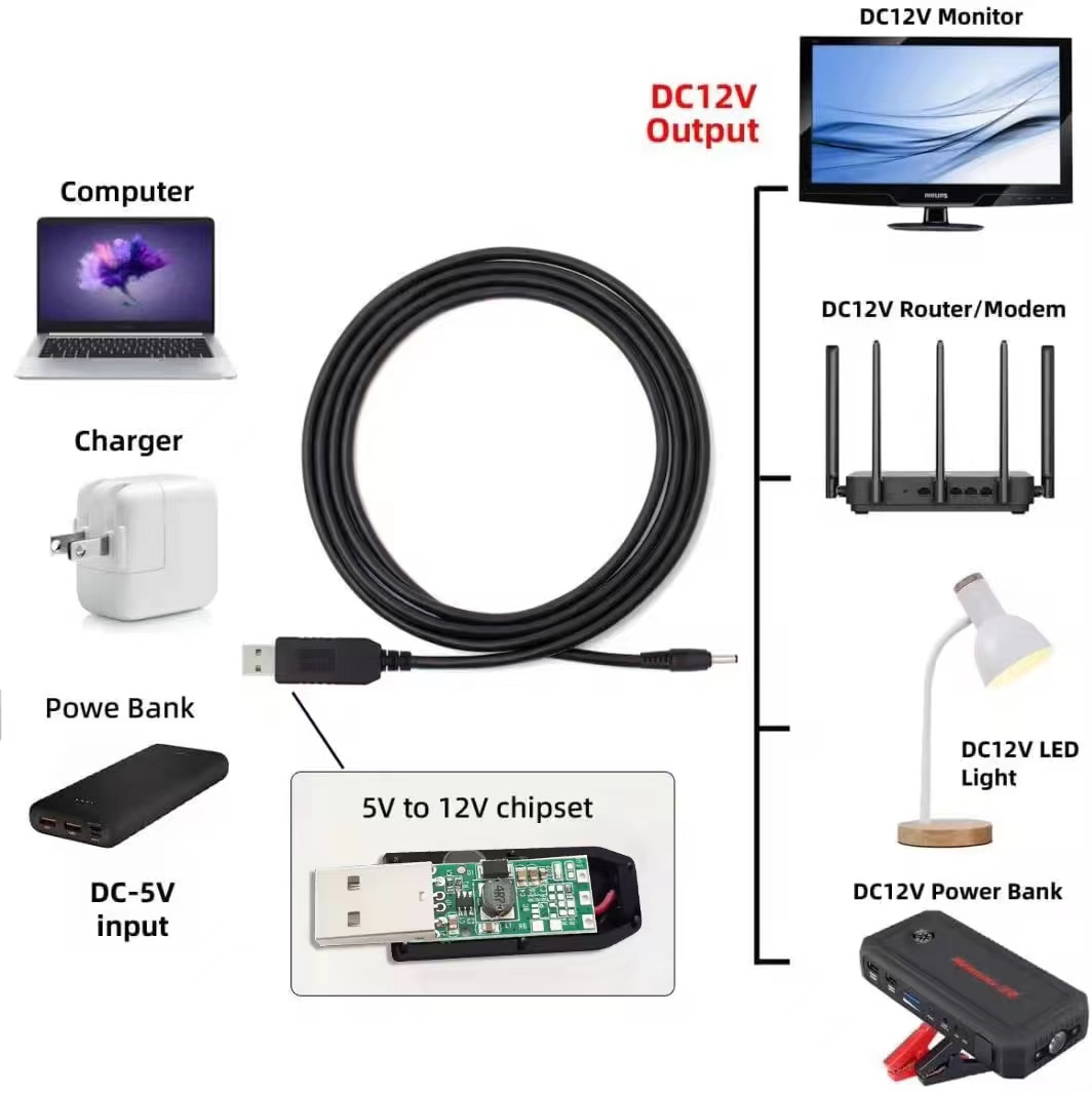 USB to 12V DC Step-Up Cable-5V Powerbank to 12V Converter for Wi-Fi ...