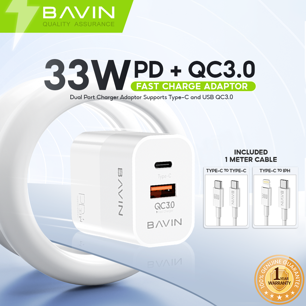 BAVIN PC963 33W PD Fast Charging AC Adapter w/ Dual Port Type-C & USB Port QC3.0 w/ 30W PD Cable ...