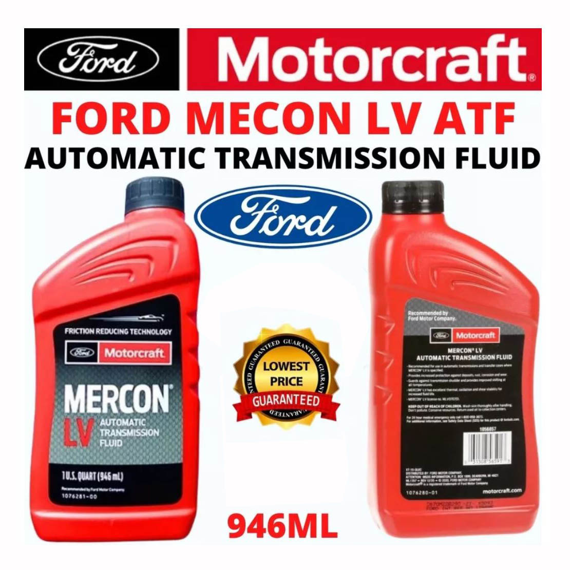 FORD MOTORCRAFT MERCON LV AUTOMATIC TRANSMISSION FLUID ATF 1056857 ...