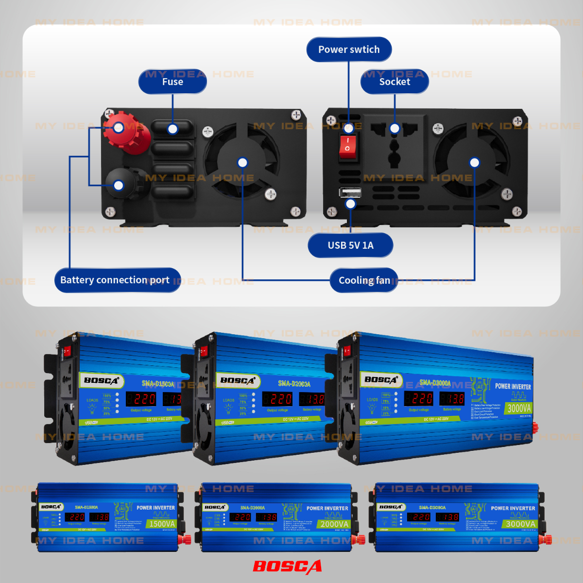 BOSCA Solar Power Inverter 1500W 2000W & 3000W DC12V To AC 220-230V W ...