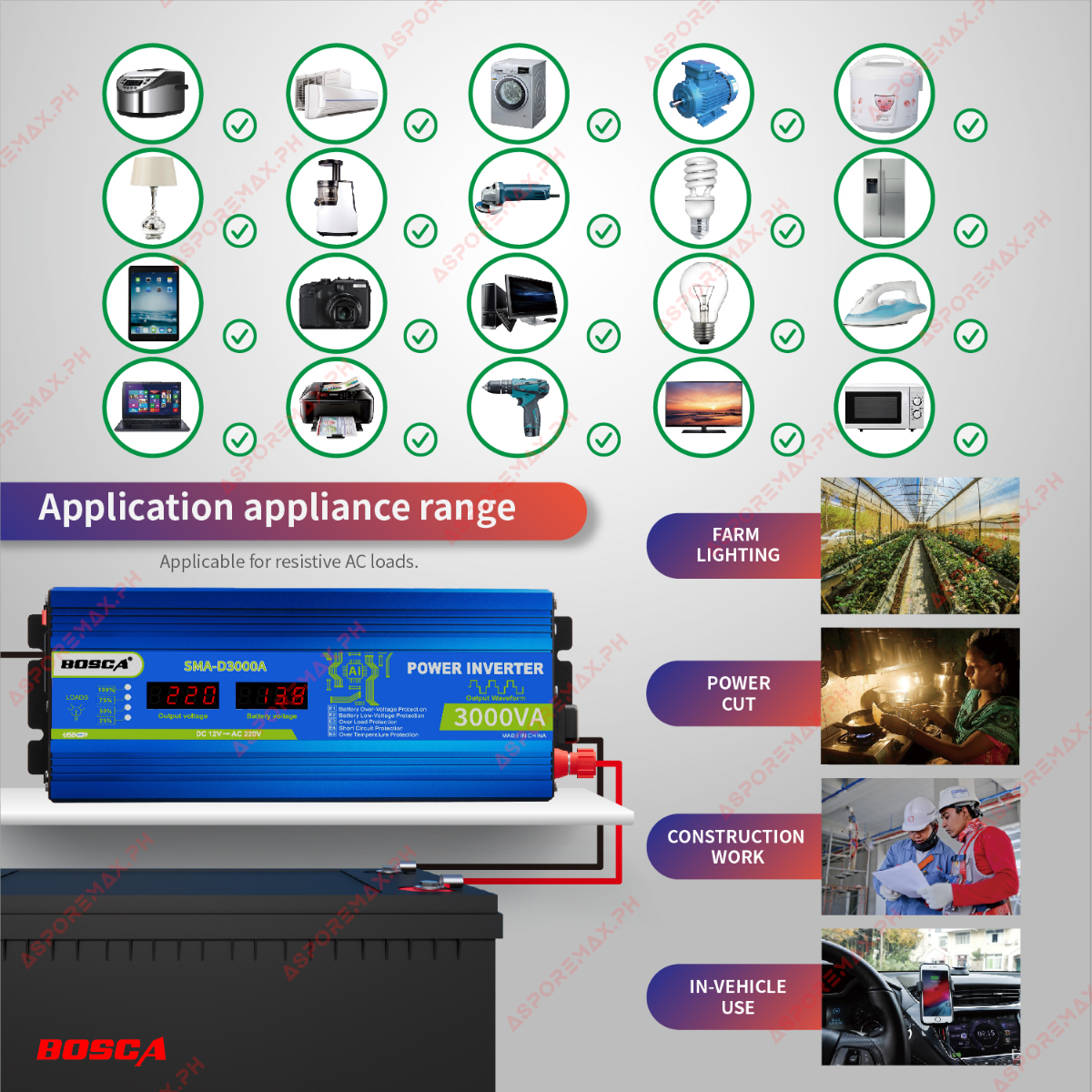 BOSCA Solar Power Inverter W/LED Display Modified Inverter DC12V To AC ...