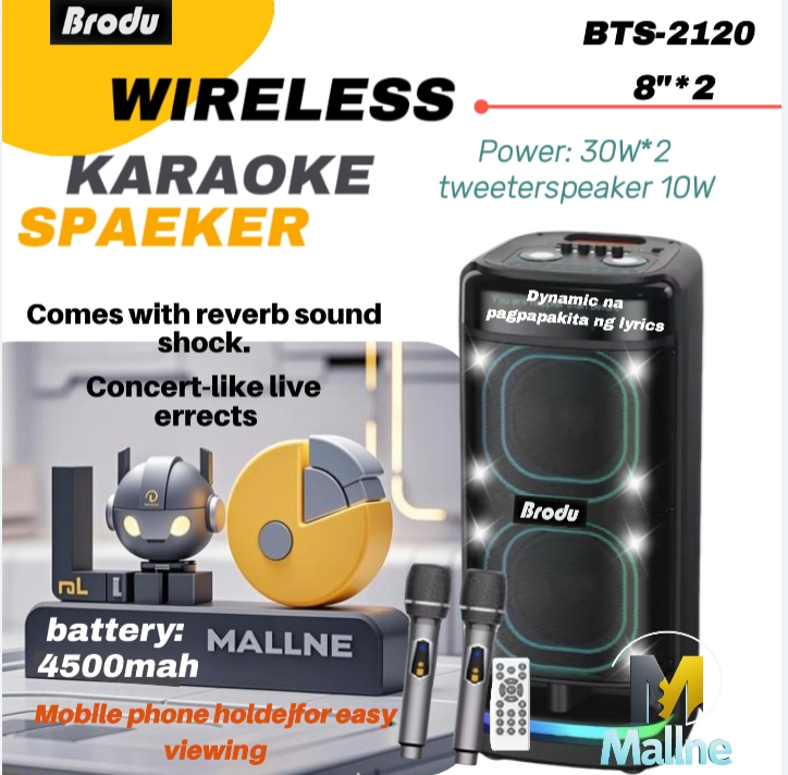 Brodu BTS-2120 Double bass Bluetooth karaoke speaker with Lyrics prompt screen Free 2 Wireless ...