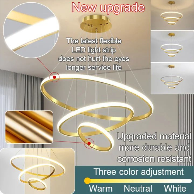 Pendant Light LED Modern Design Gold 3 Ring Chandelier Tri-Color Circle ...