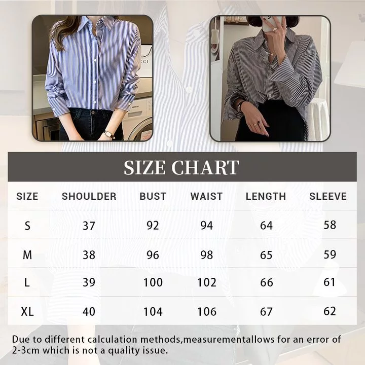 Basic Striped Shirt for Women Casual Long Sleeve Button Collar Workwear ...