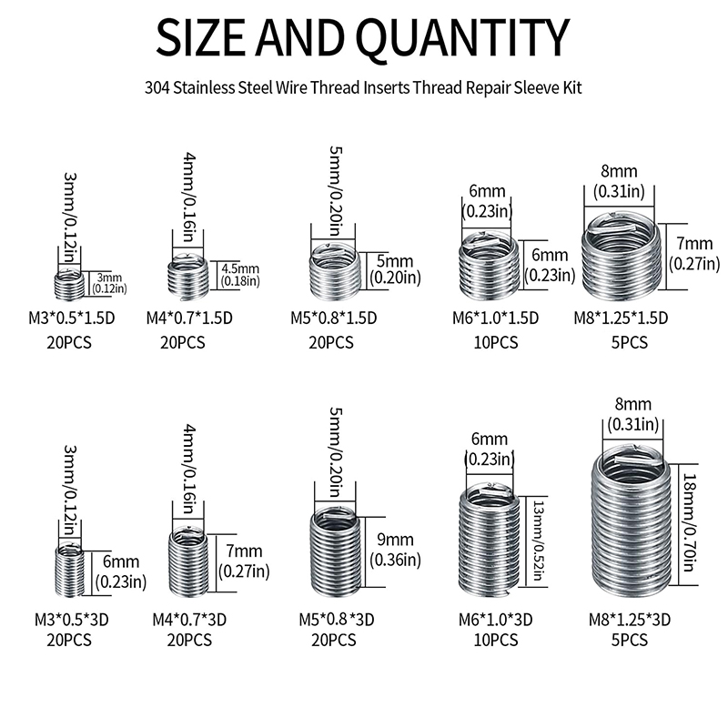 150PCS M3-M8 Wire Thread Inserts Steel Sheath Helicoil Type Screw ...