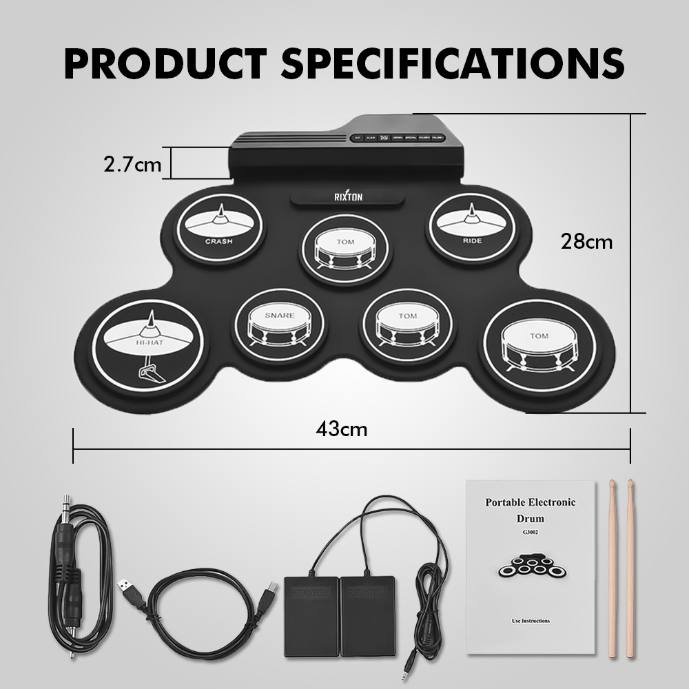 RIXTON Portable Electric Drum Pad Digital Drum Silicone With Drumsticks ...