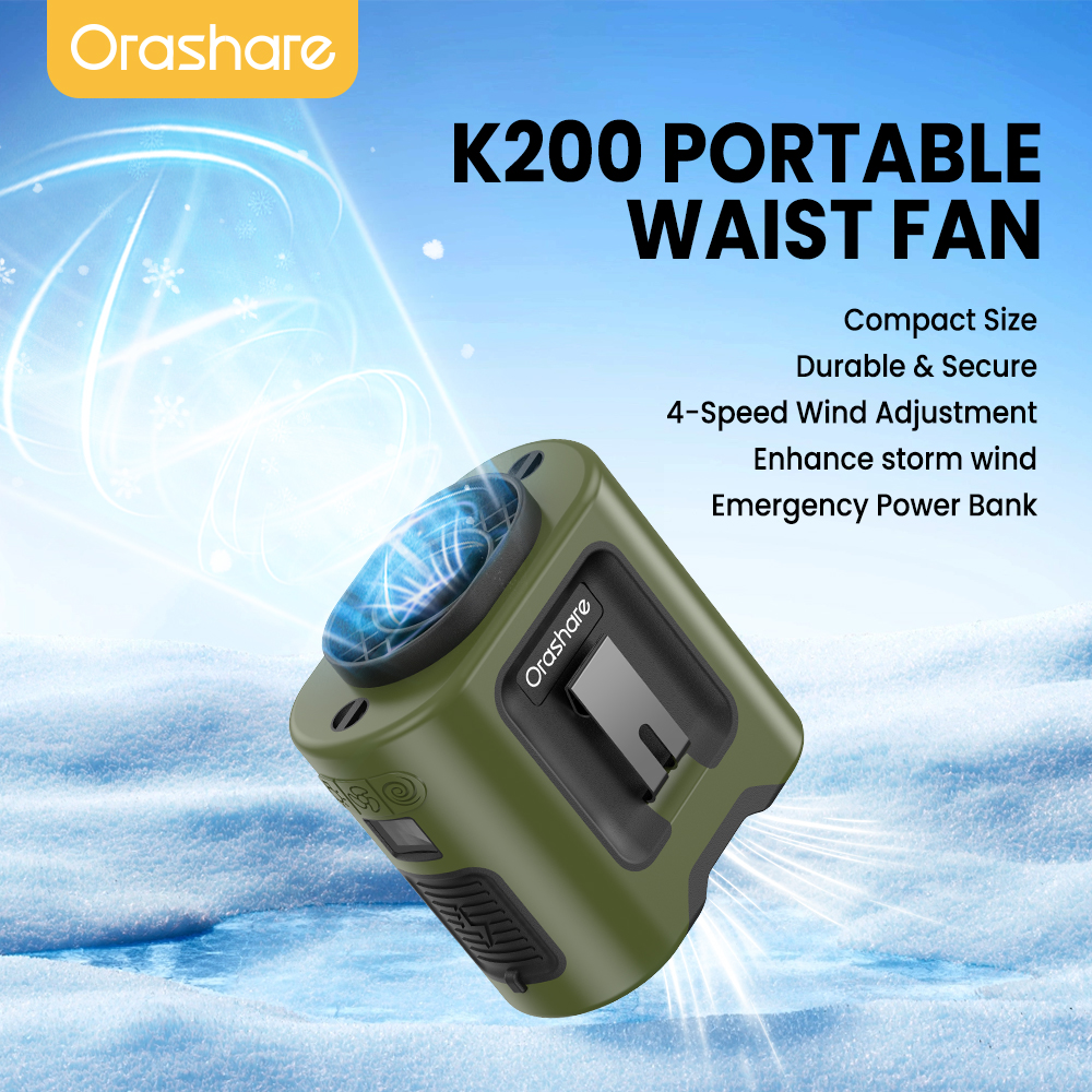 Orashare K200 Portable Waist Fan 14500mAh Rechargeable 5 Speed Strong Wind Fan With Powerbank ...