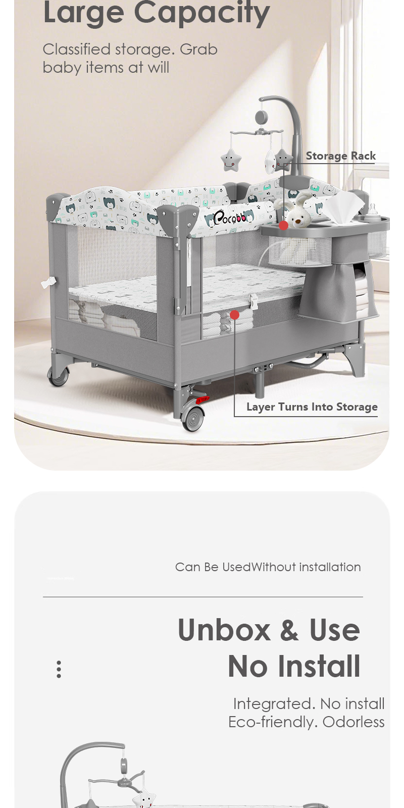 COCOBB Baby Rocking Crib Adjustable Stitching Big Bed Co-Sleeper Baby ...