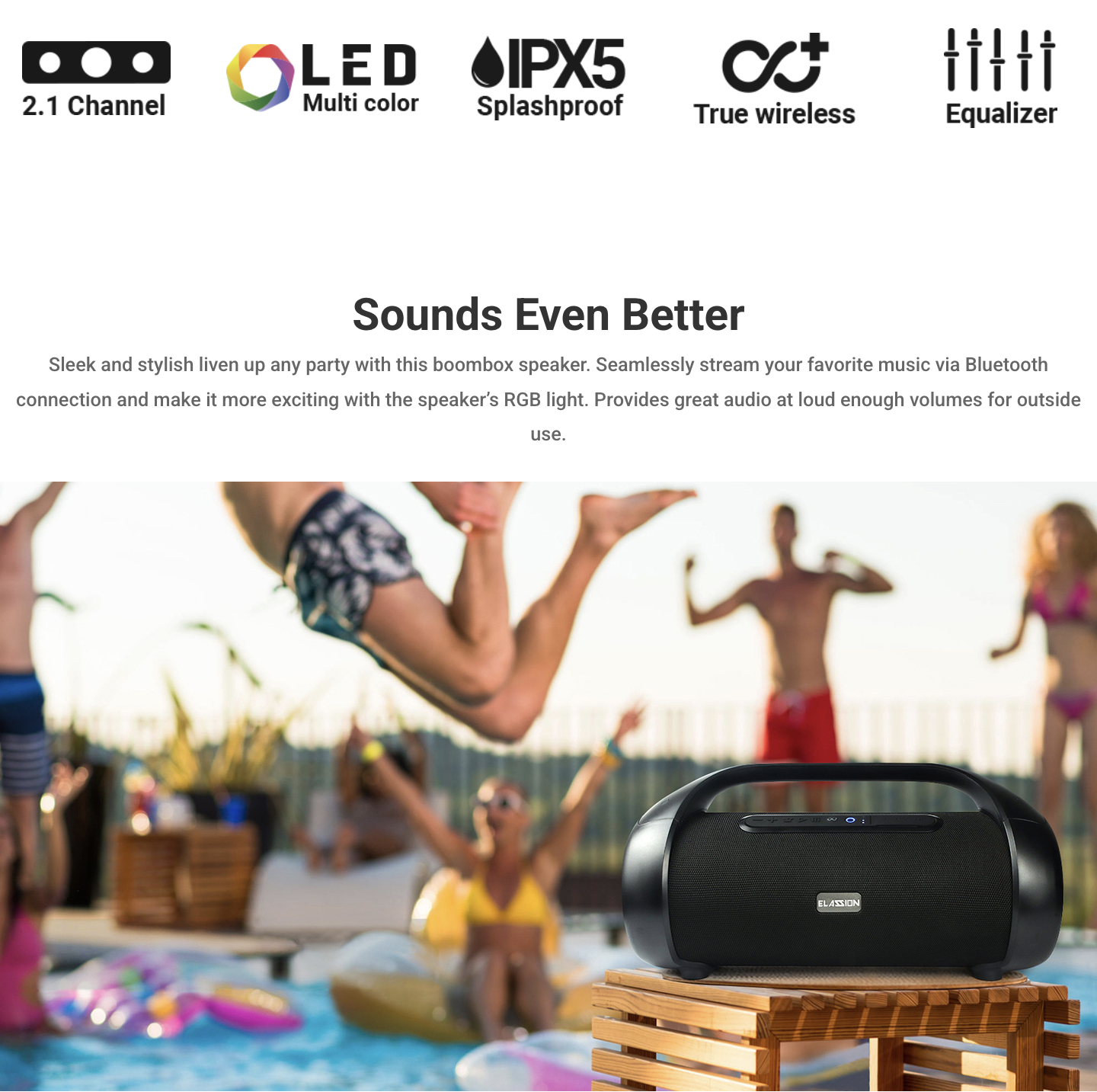 Elassion l Sonic 1 Portable 2.1 Channel Boombox Rechargeable Speaker ...