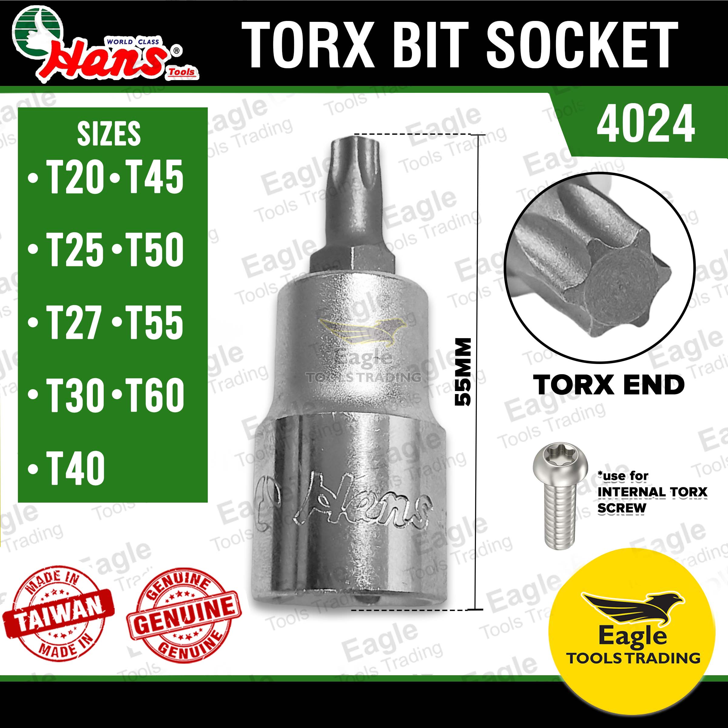 Hans 1/2 inch Drive Torx Bit Socket T20 -T60 at 55mm Length Choose the ...