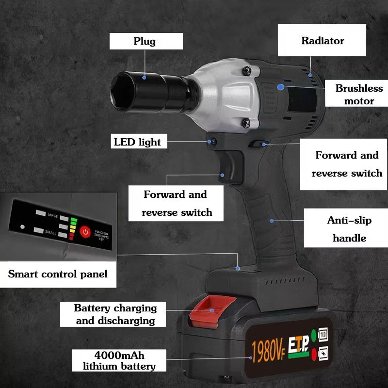 Cordless Impact Wrench Brushless Heavy Duty Ratchet Electric 1980VF ...