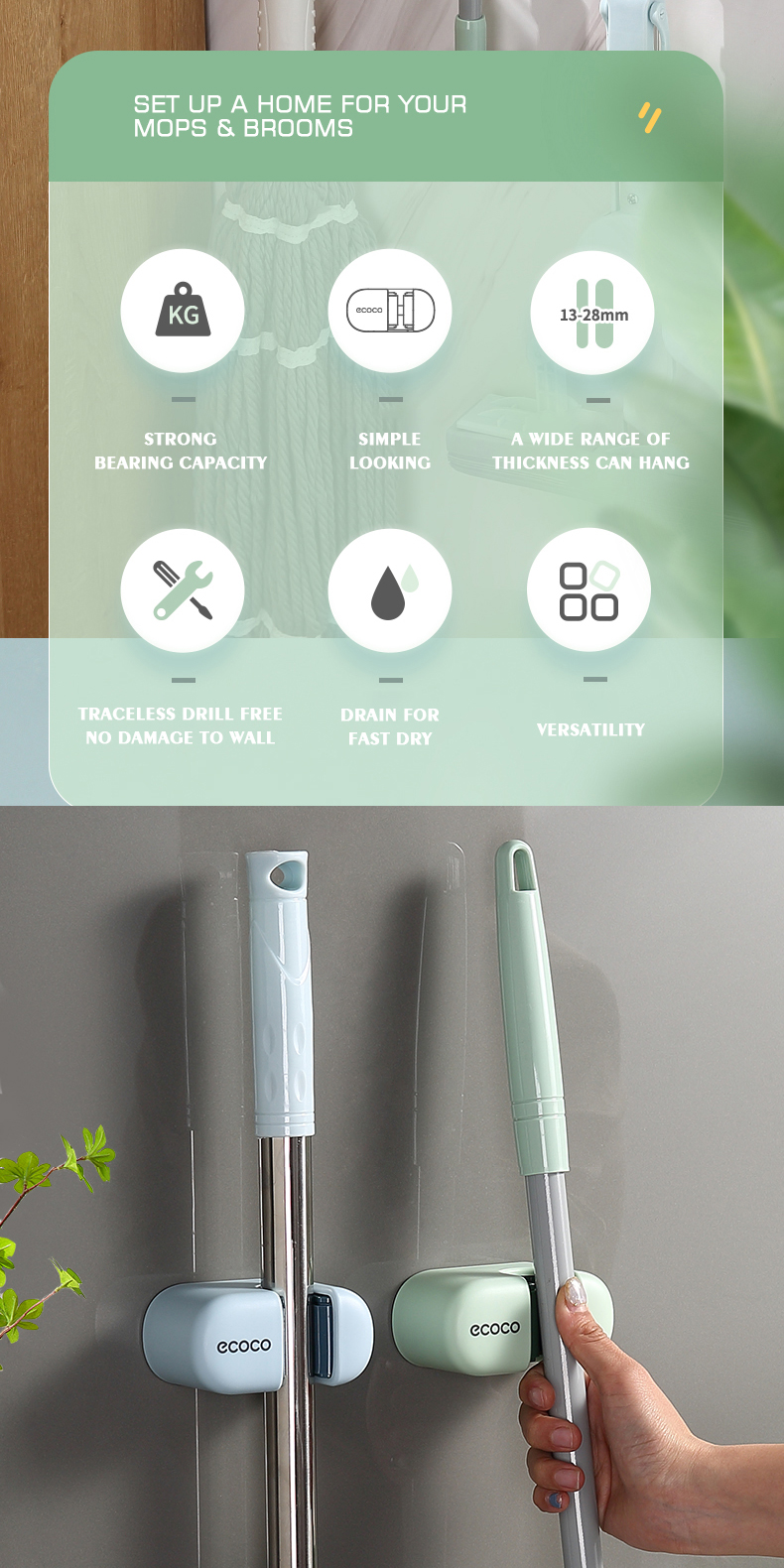 [Ready Stock]Ecoco Mop Holder Wall Mounted No Drilling Broom Holder ...