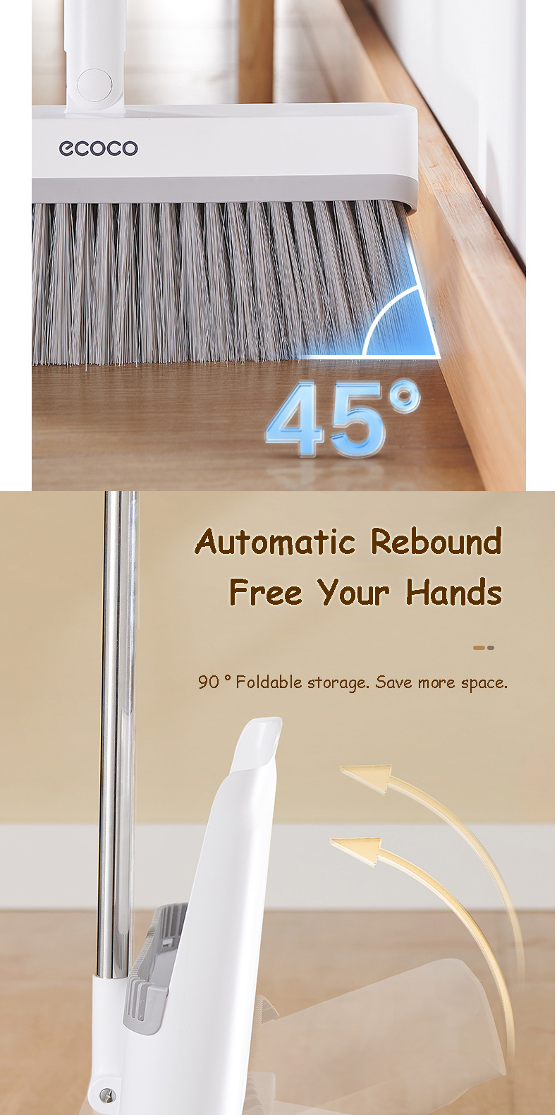 Ecoco 2-In-1 Broom Dust Pan with Comb Rotating 180° Foldable & Space-Saving Sturdy & Durable ...