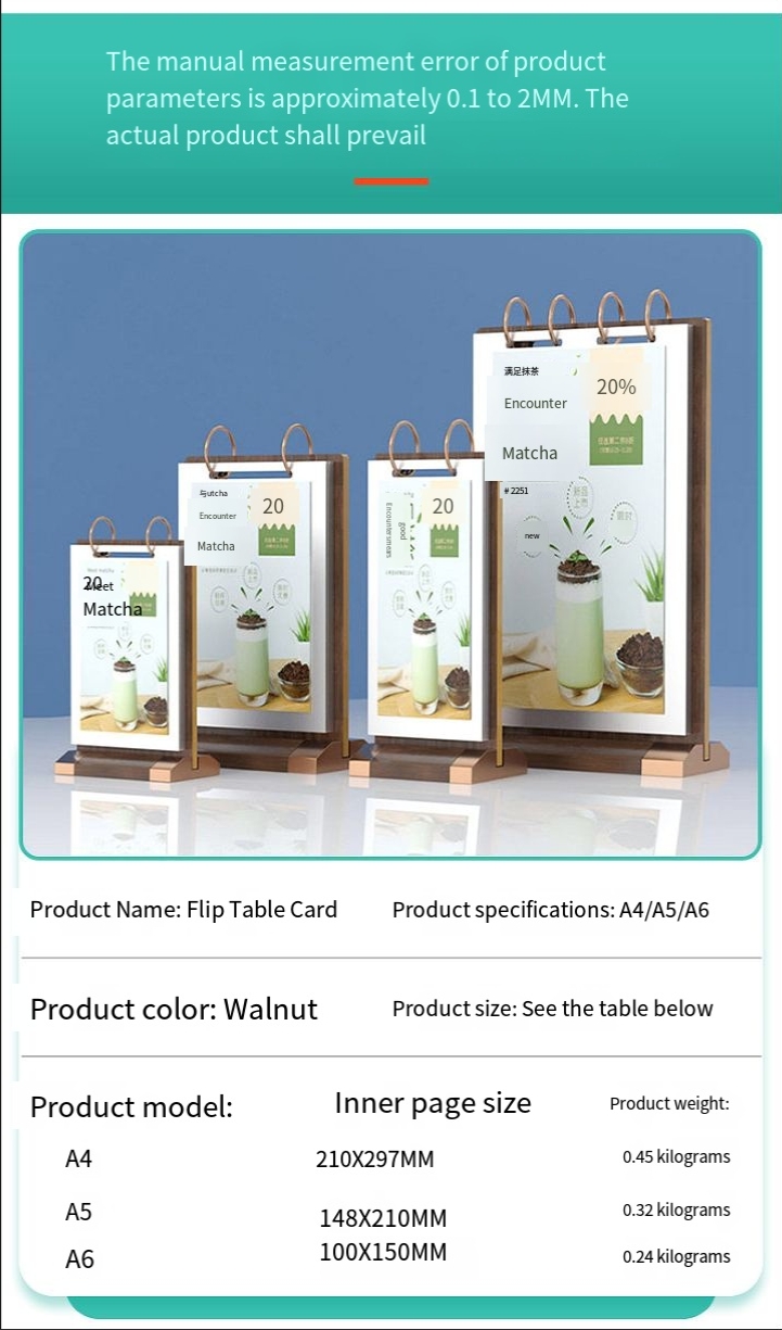 Walnut Flip Table Card pvc Menu Binder Display Stand A4/A5/A6 Wooden ...