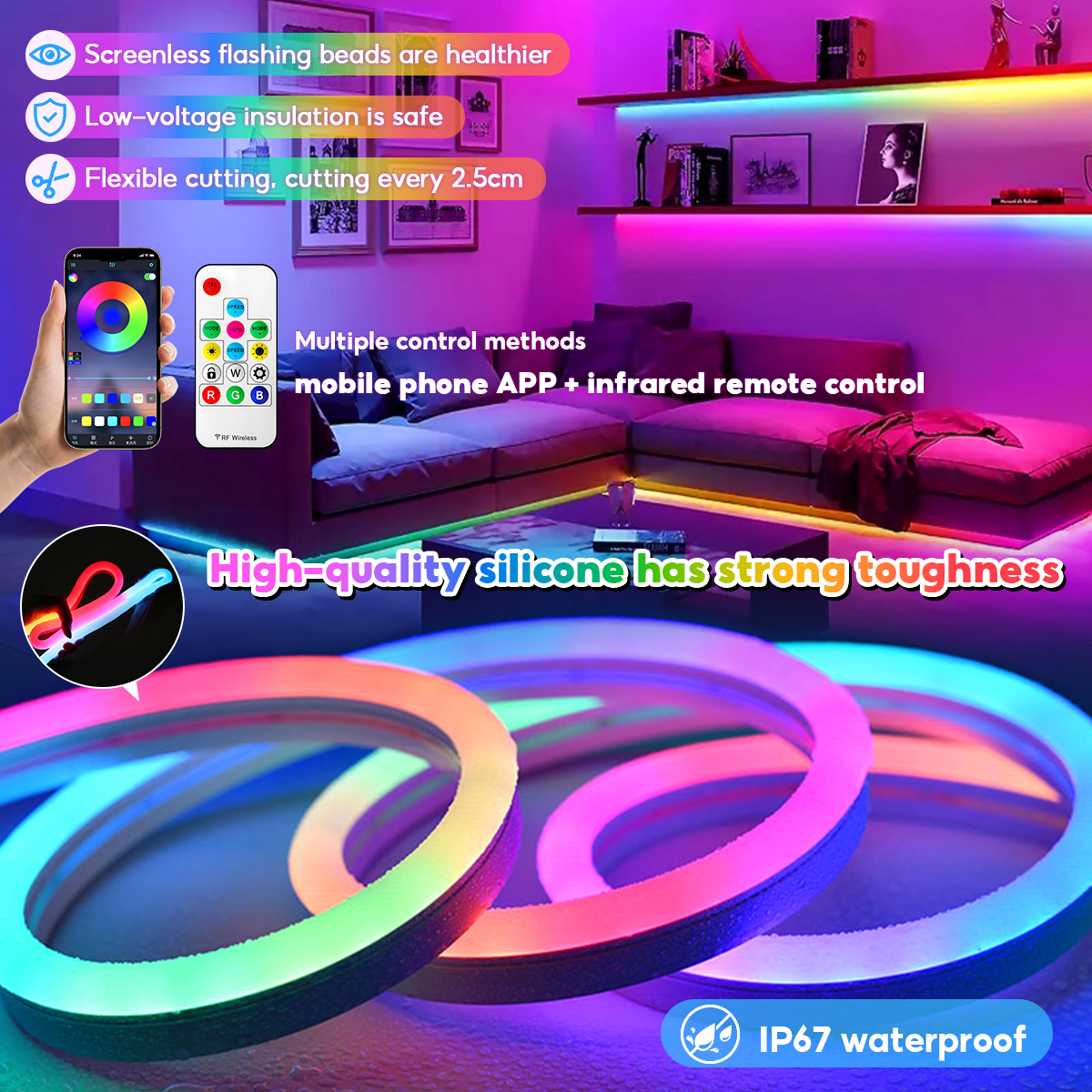 12V RGBIC Running LED Strip light With Bluetooth APP Remote Control ...